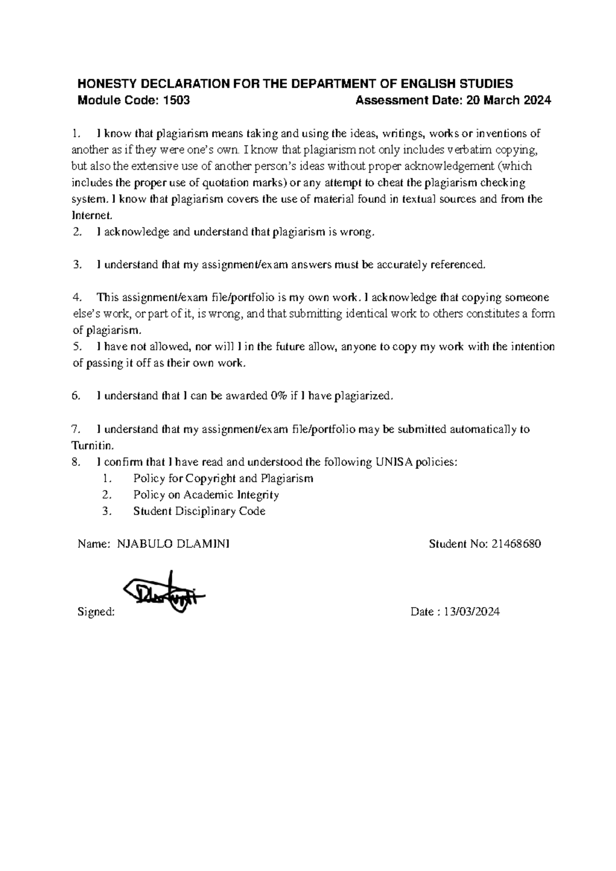 Assignment 1 - HONESTY DECLARATION FOR THE DEPARTMENT OF ENGLISH ...