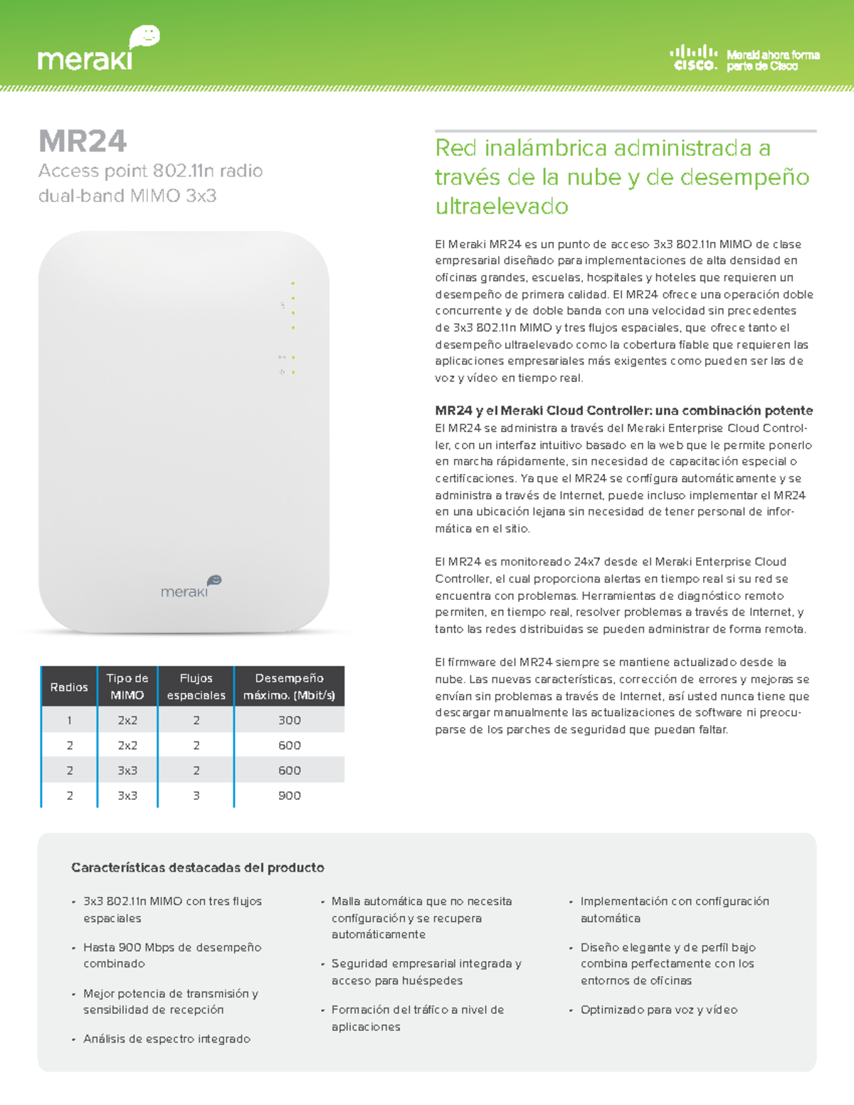 Meraki datasheet MR24 es - Radios Tipo de MIMO Flujos espaciales ...
