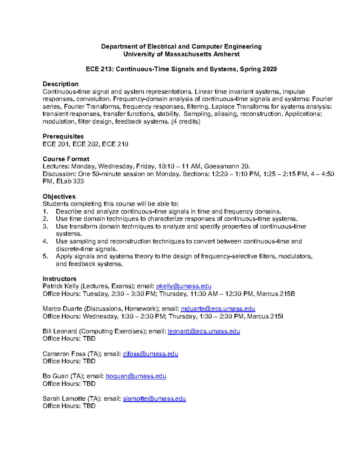 ECE 213 Syllabus Spring 2020 - Department of Electrical and Computer ...