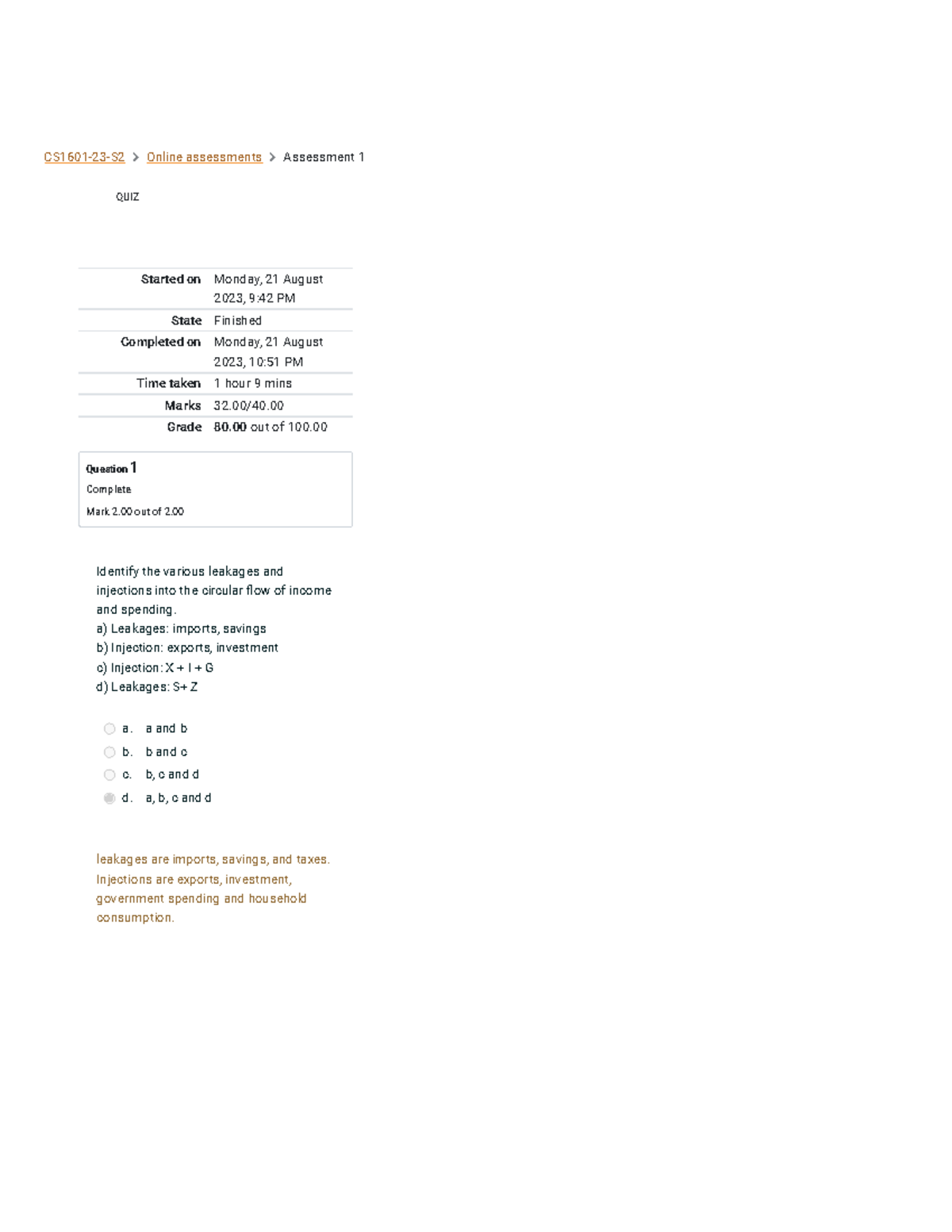 Assessment 1 Attempt 1 - Review - CS1601-23-S2 Online assessments ...