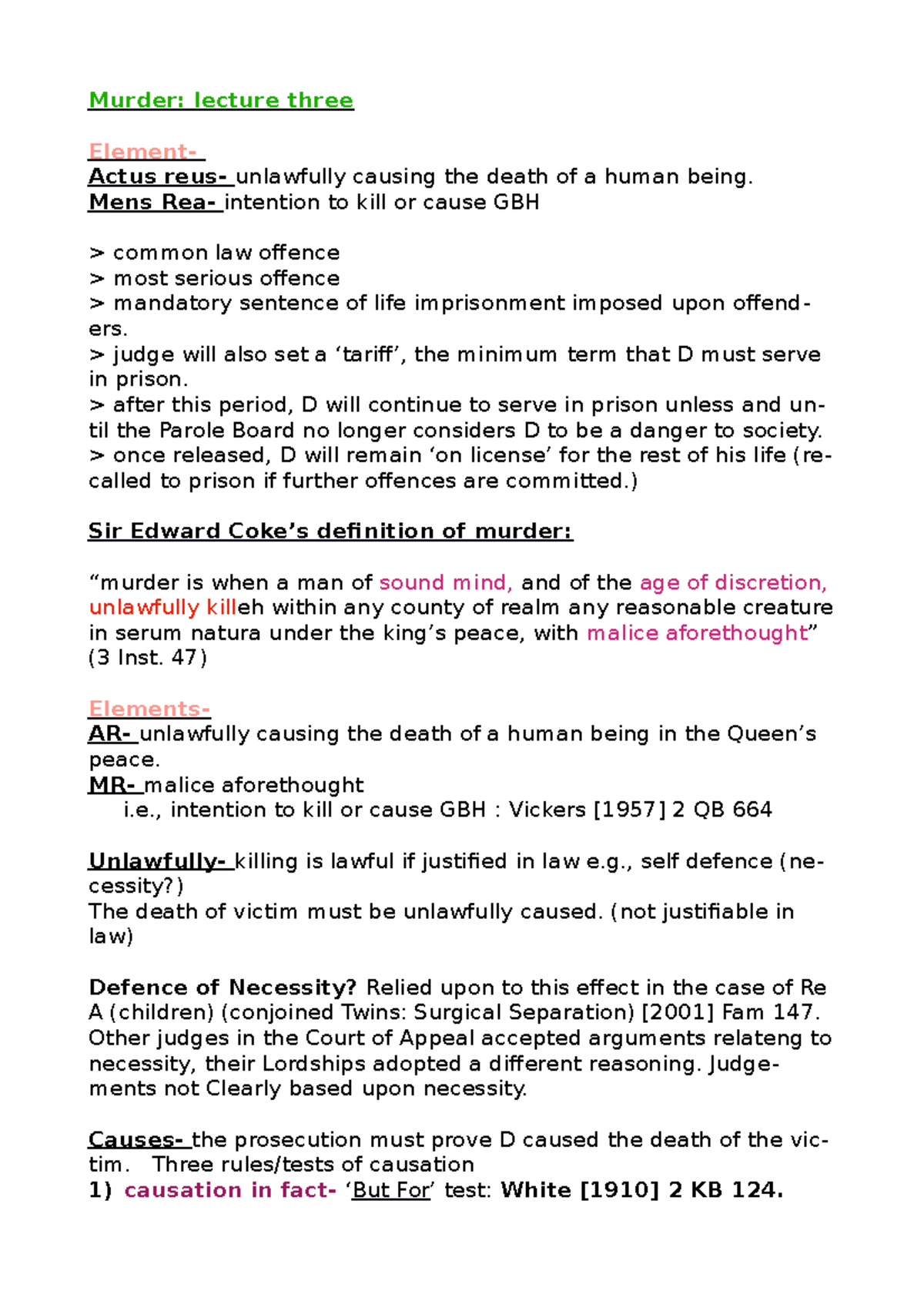 Lecture three- criminal - Murder: lecture three Element- Actus reus ...