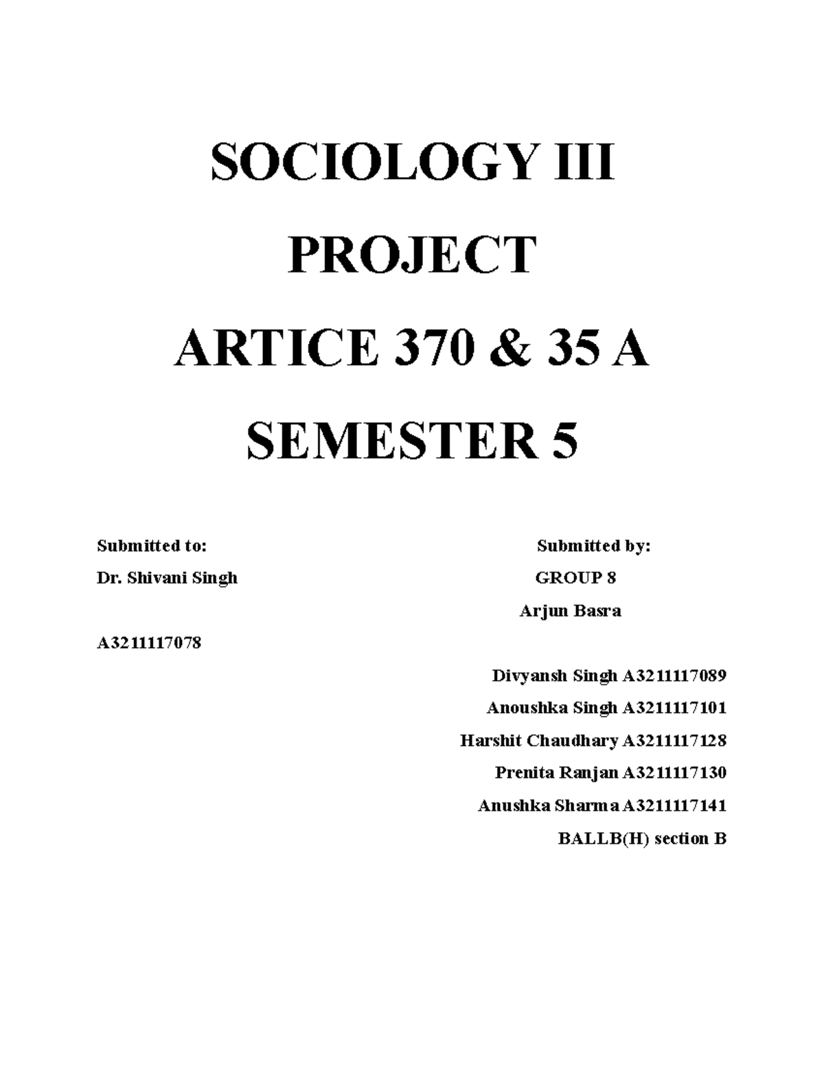 Sociology III Project - SOCIOLOGY III PROJECT ARTICE 370 & 35 A ...