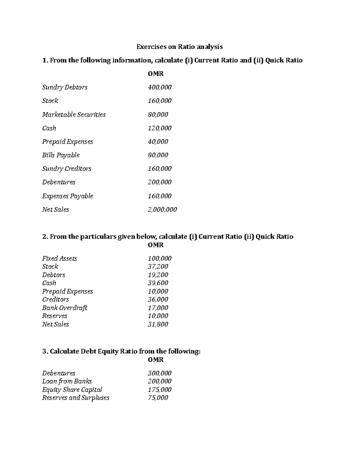 Excercise on ratio analysis - Exercises on Ratio analysis 1. From the ...