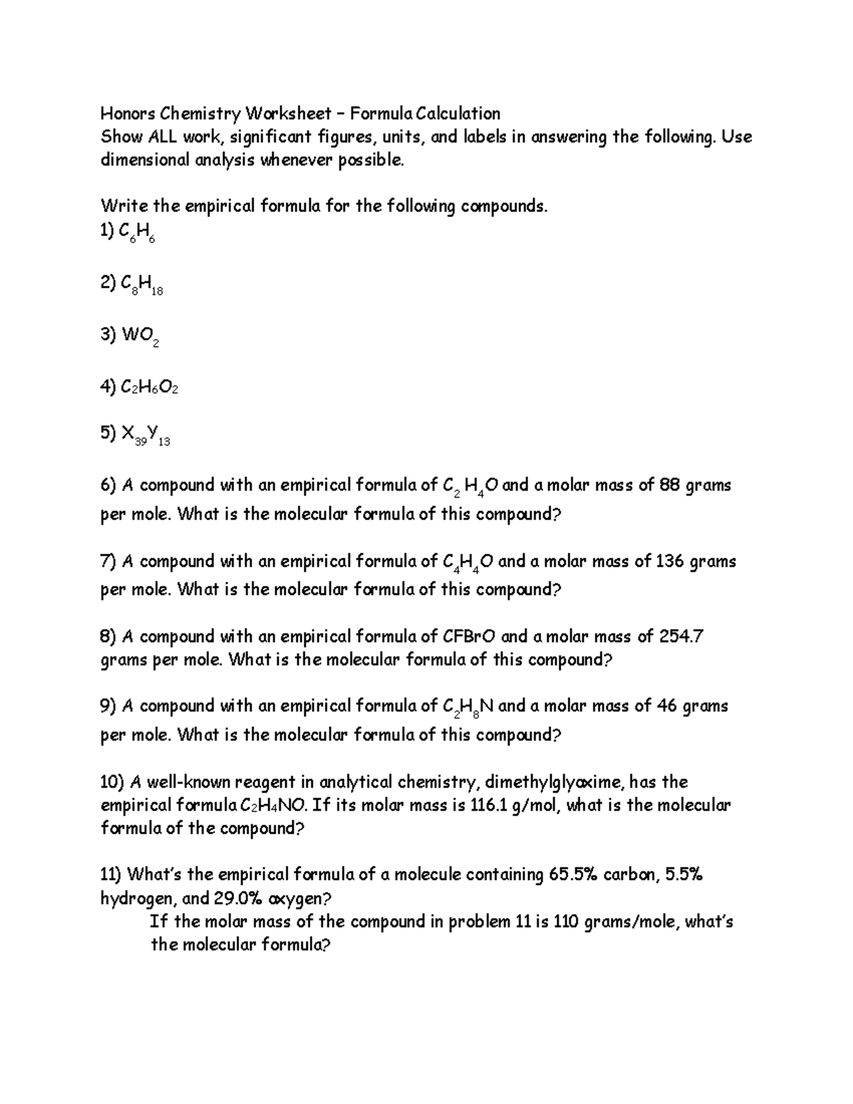 Honors Chemistry Wksht Molecular Formula Calc n with Answers - Honors ...