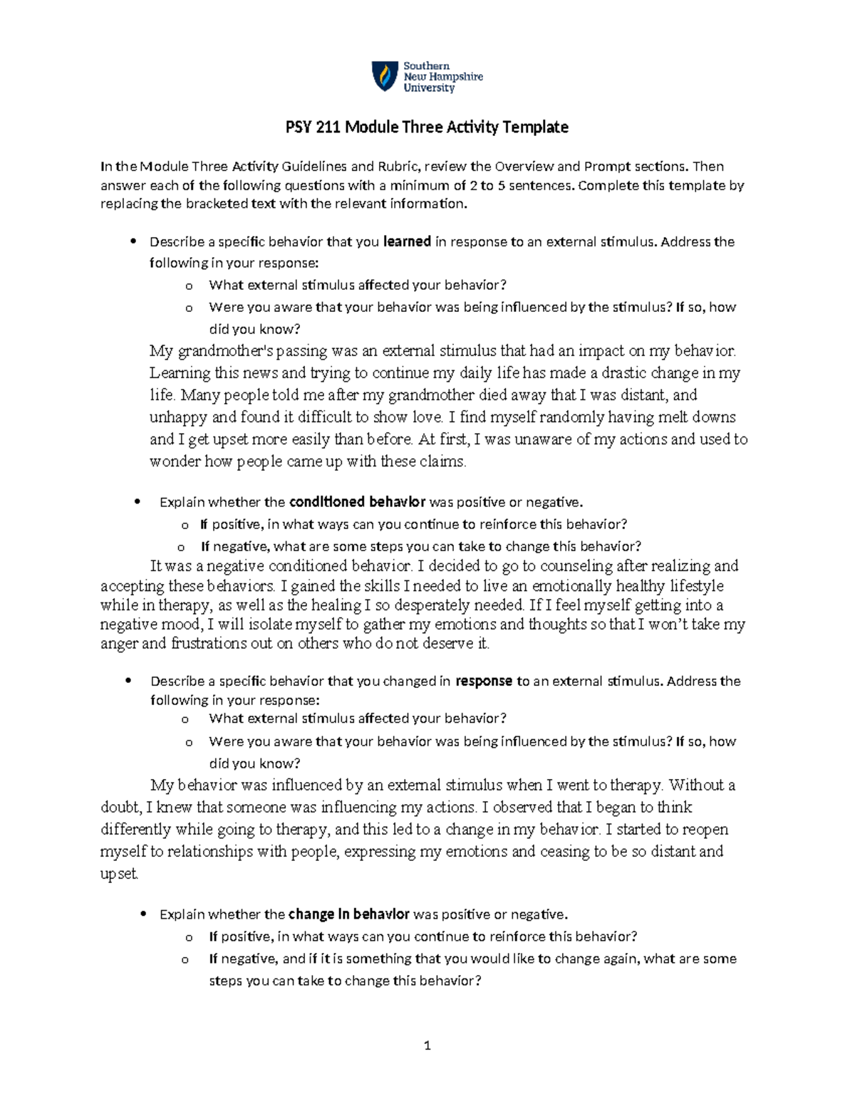 PSY 211 Module Three Activity Template - Then answer each of the ...