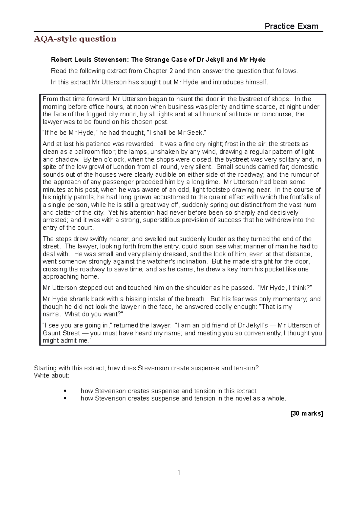 Jekyll and hyde practice qs - AQA-style question Robert Louis Stevenson ...