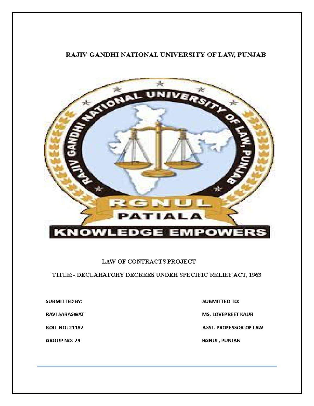 Declaratory Decrees: Under Specific Relief Act - RAJIV GANDHI NATIONAL UNIVERSITY OF LAW, PUNJAB ...