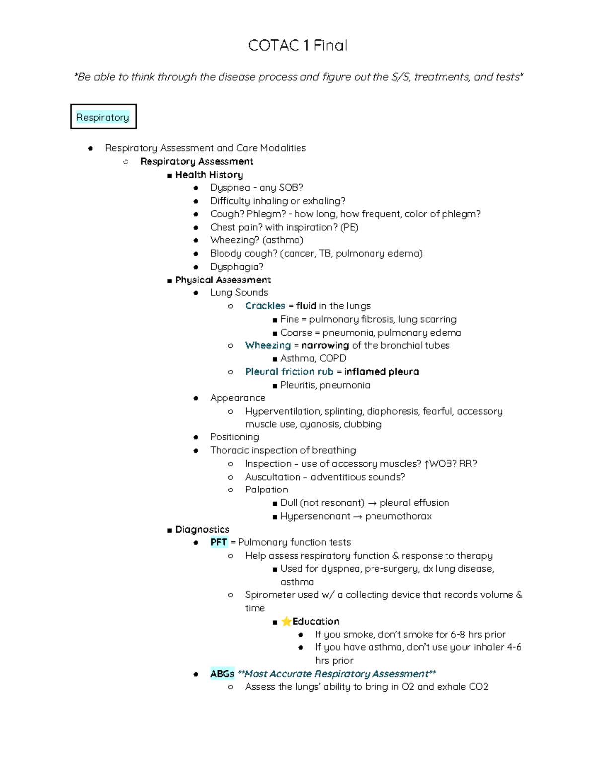 Cotac I Final Study Guide - Be able to think through the disease ...