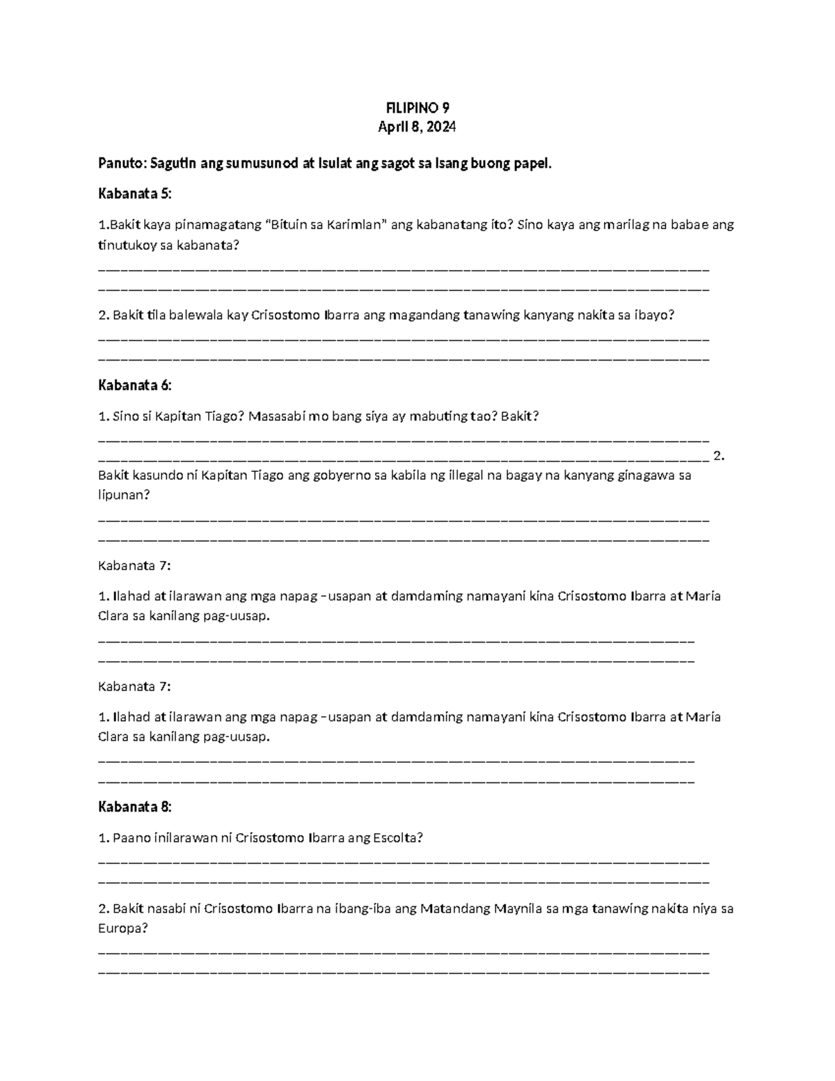 Filipino-9 April-8 - save - FILIPINO 9 April 8, 2024 Panuto: Sagutin ...