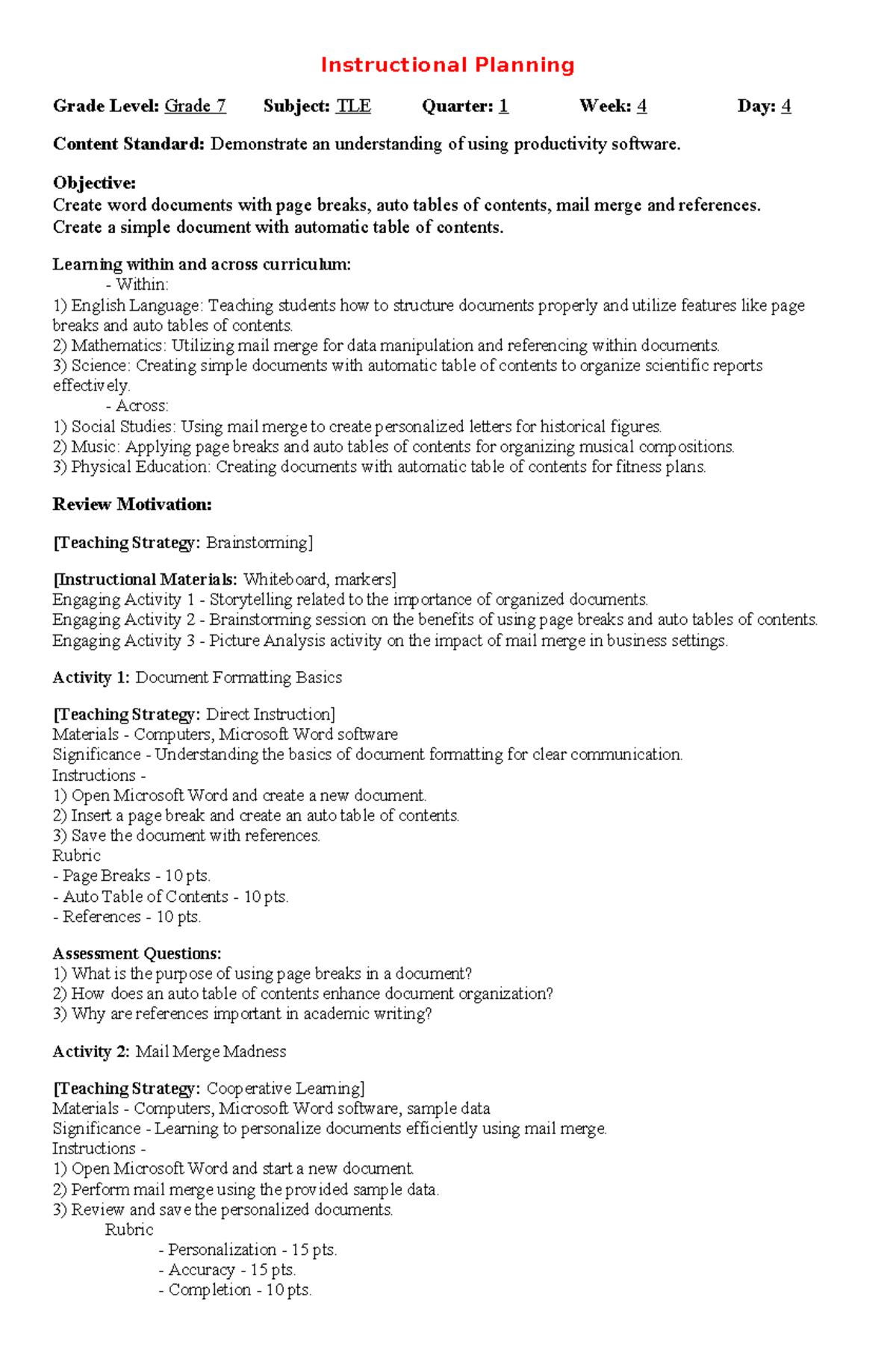 Lesson plan - Instructional Planning Grade Level: Grade 7 Subject: TLE ...