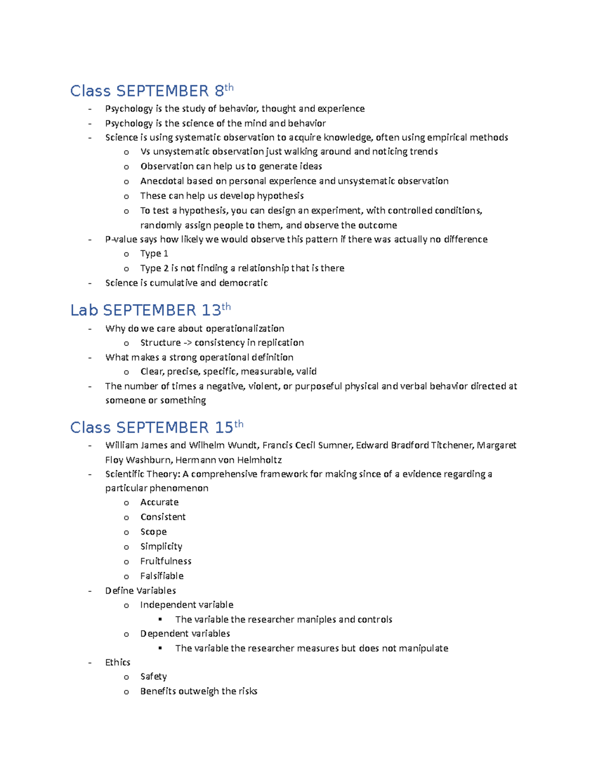 Pysc Notes for 2022 - Class SEPTEMBER 8 th - Psychology is the study of ...