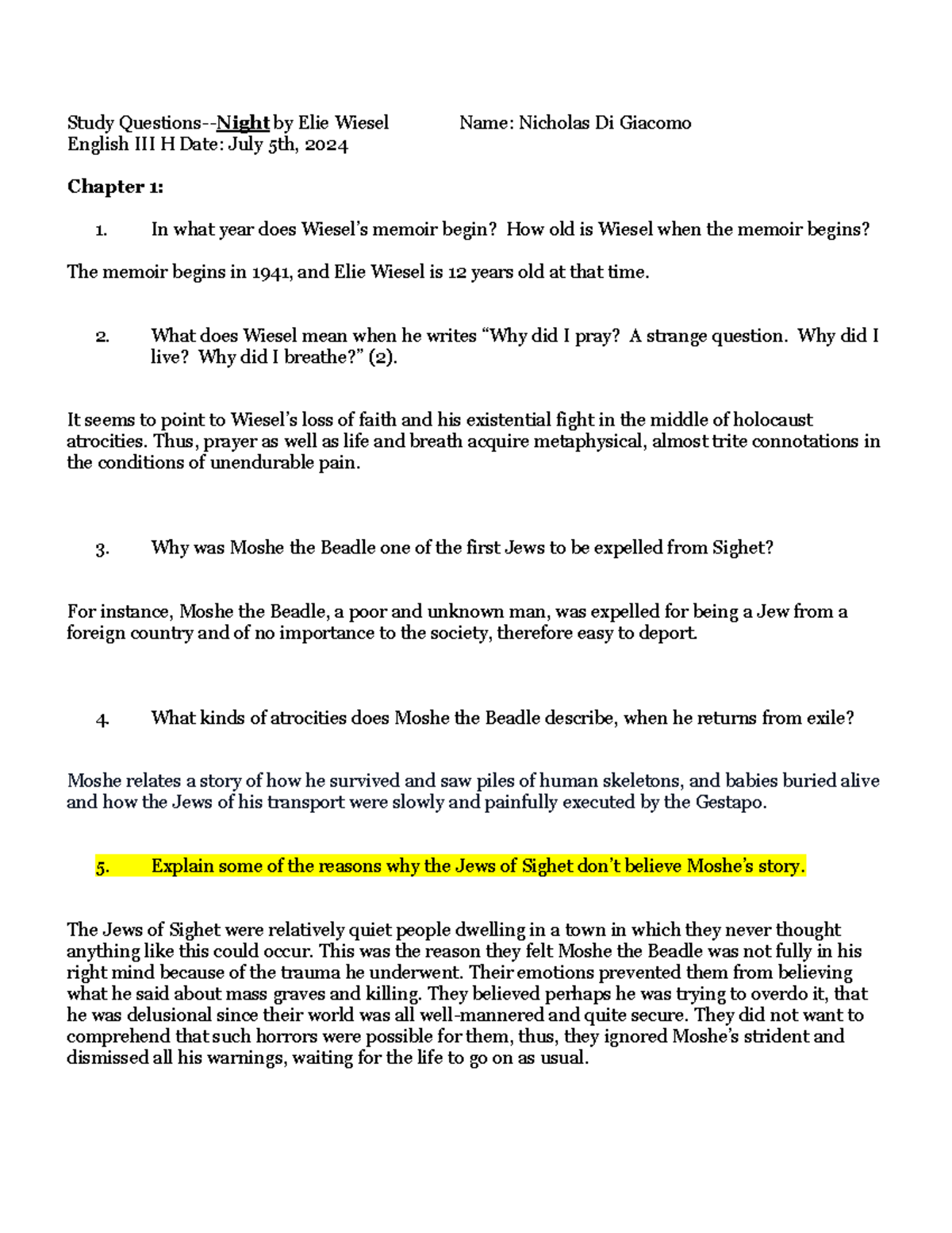 Answers for Chapter 1-3 Copy of Comprehension Questions for Elie Wiesel ...
