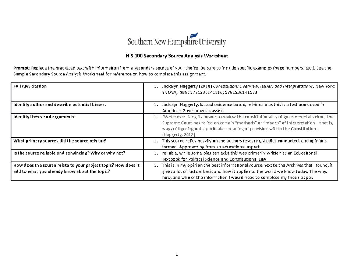 HIS 100 Secondary Source Analysis Worksheet - HIS 100 Secondary Source ...