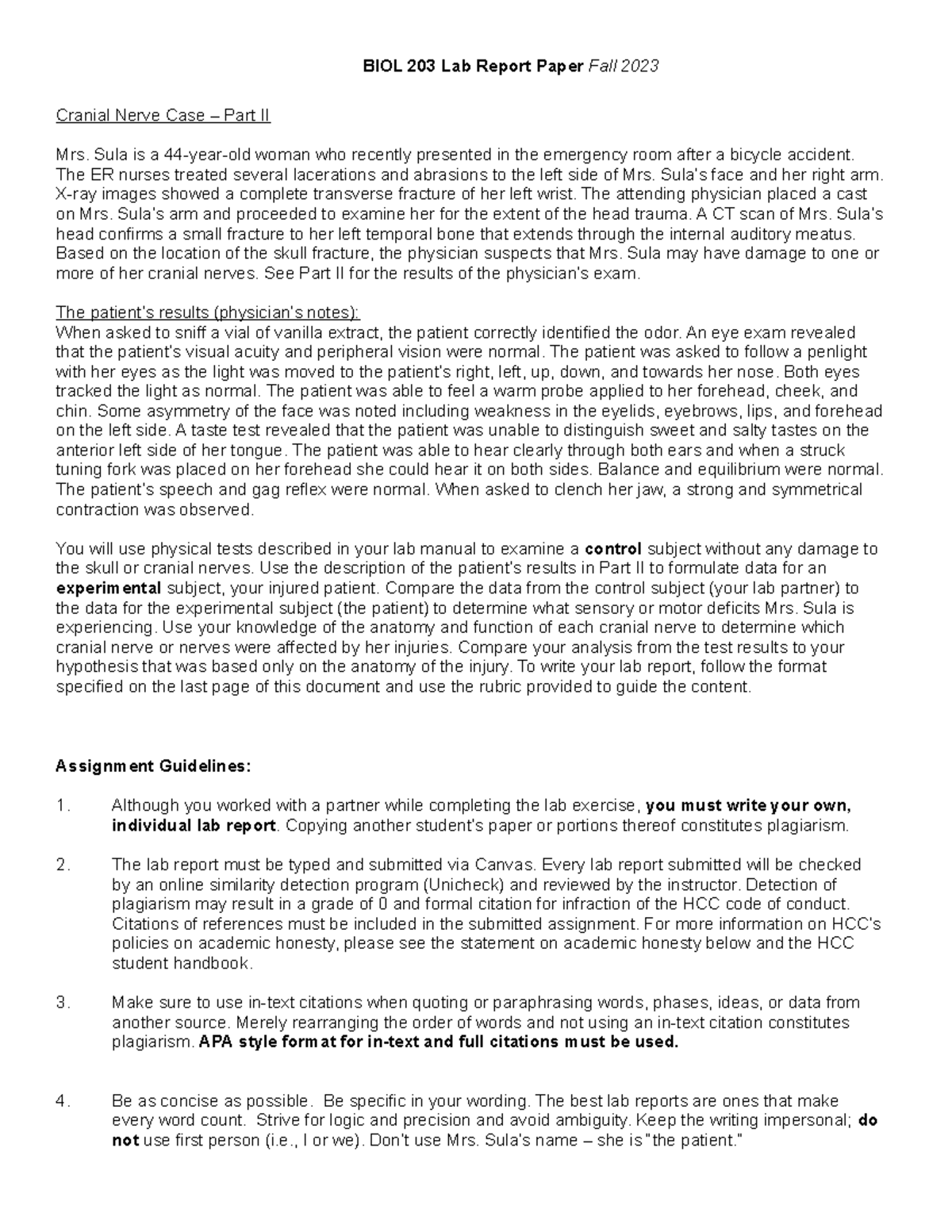 BIOL 203 Cranial nerve lab report Fall 2023 - Part II - BIOL 203 Lab Report Paper Fall 2023 ...