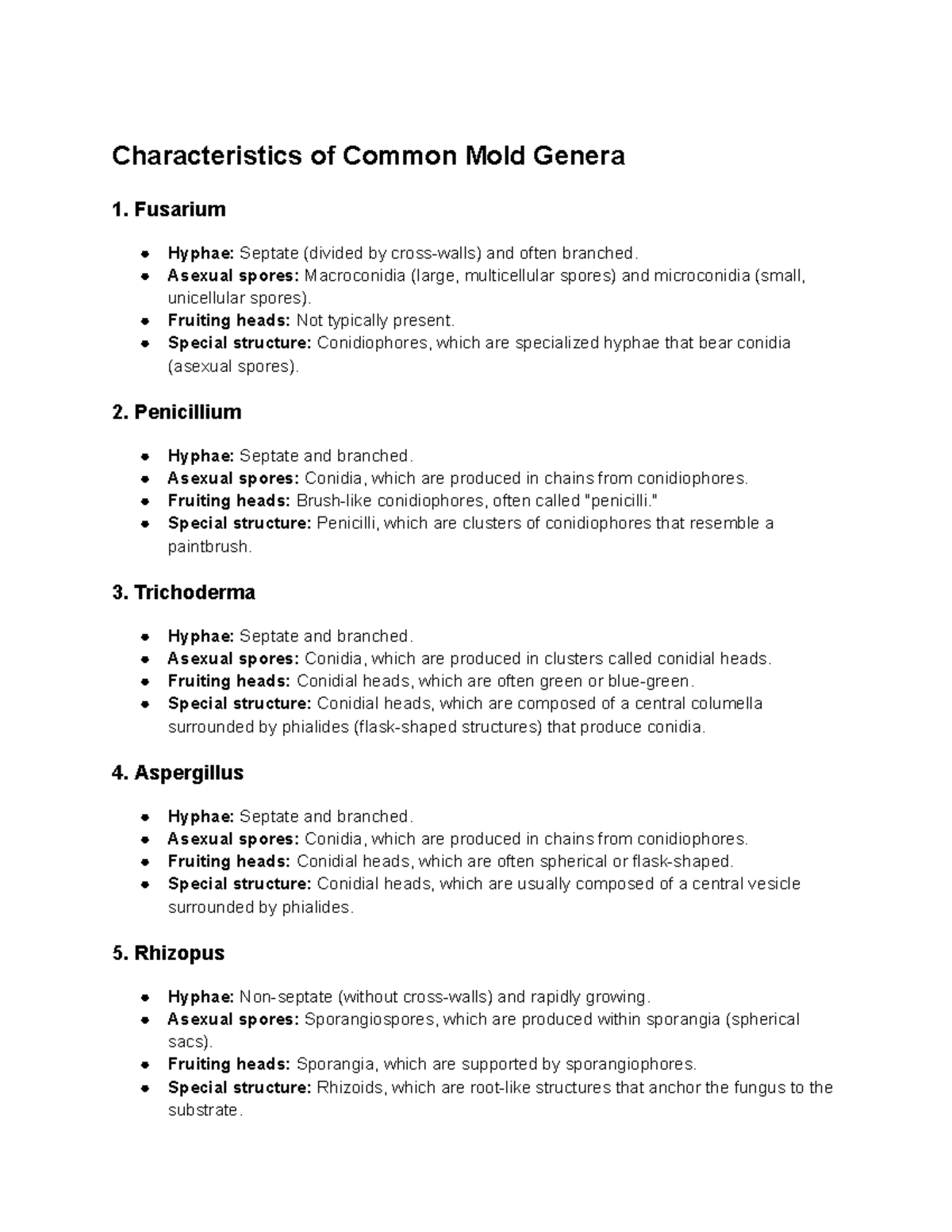 Characteristics of Common Mold Genera - Fusarium Hyphae: Septate ...
