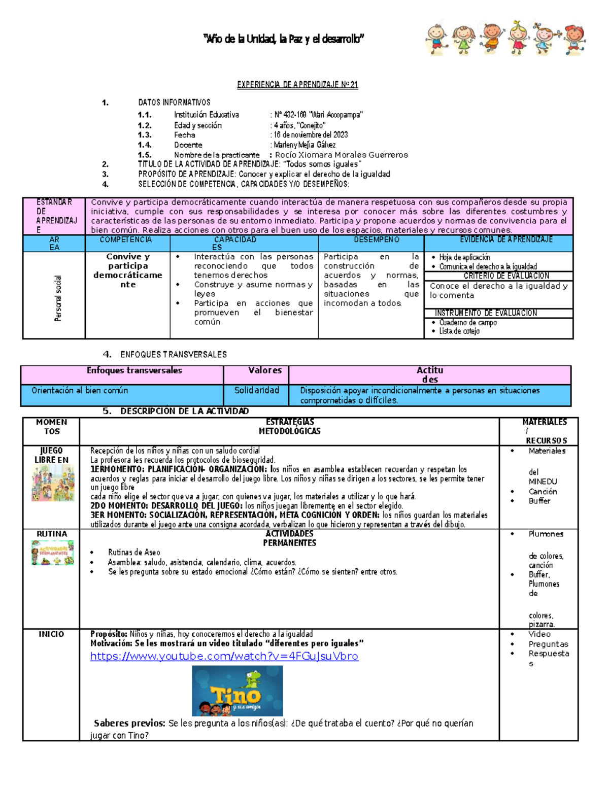 Actividad DE Aprendizaje N°21 16-11-23 - EXPERIENCIA DE APRENDIZAJE NO 21 1. DATOS INFORMATIVOS ...