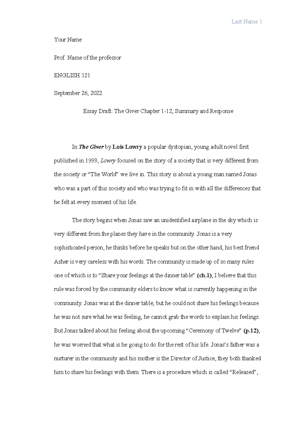 Essay 1 - Summary of novel The Giver Chapter 1 - 11 - Your Name Prof ...
