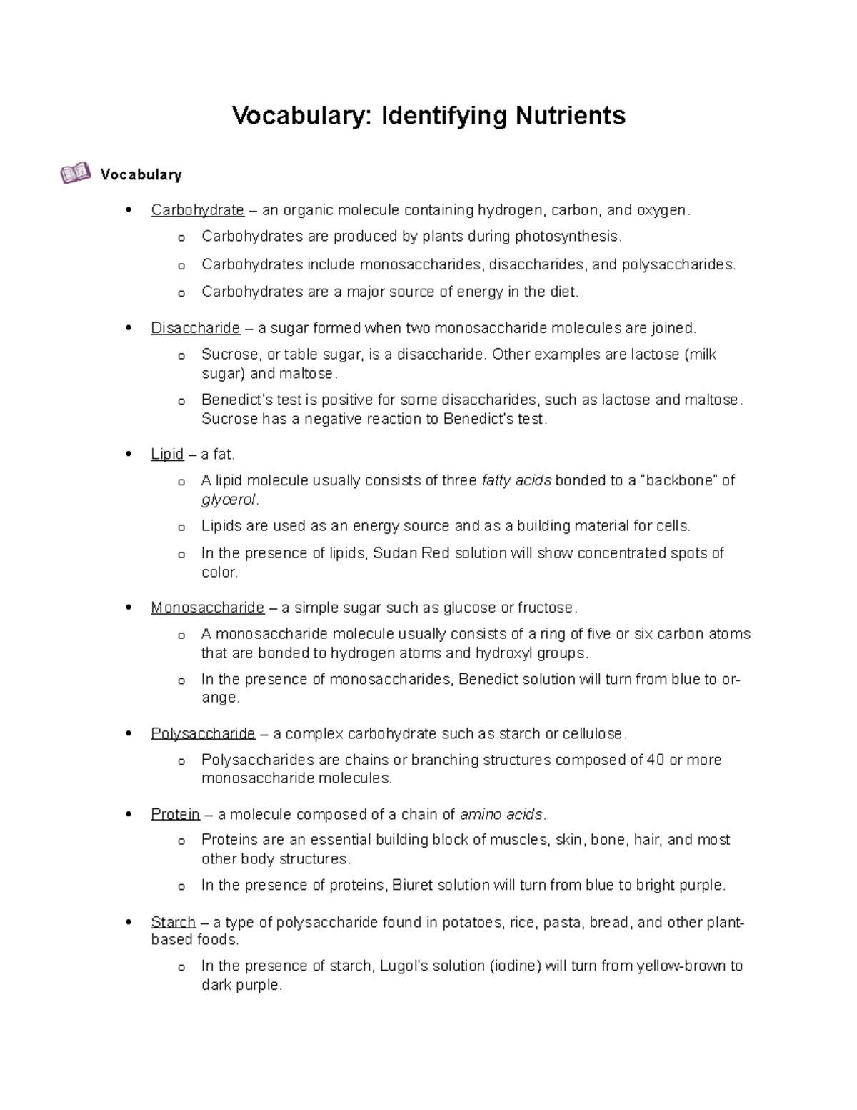 Identifying Nutrients Vocab - Vocabulary: Identifying Nutrients ...