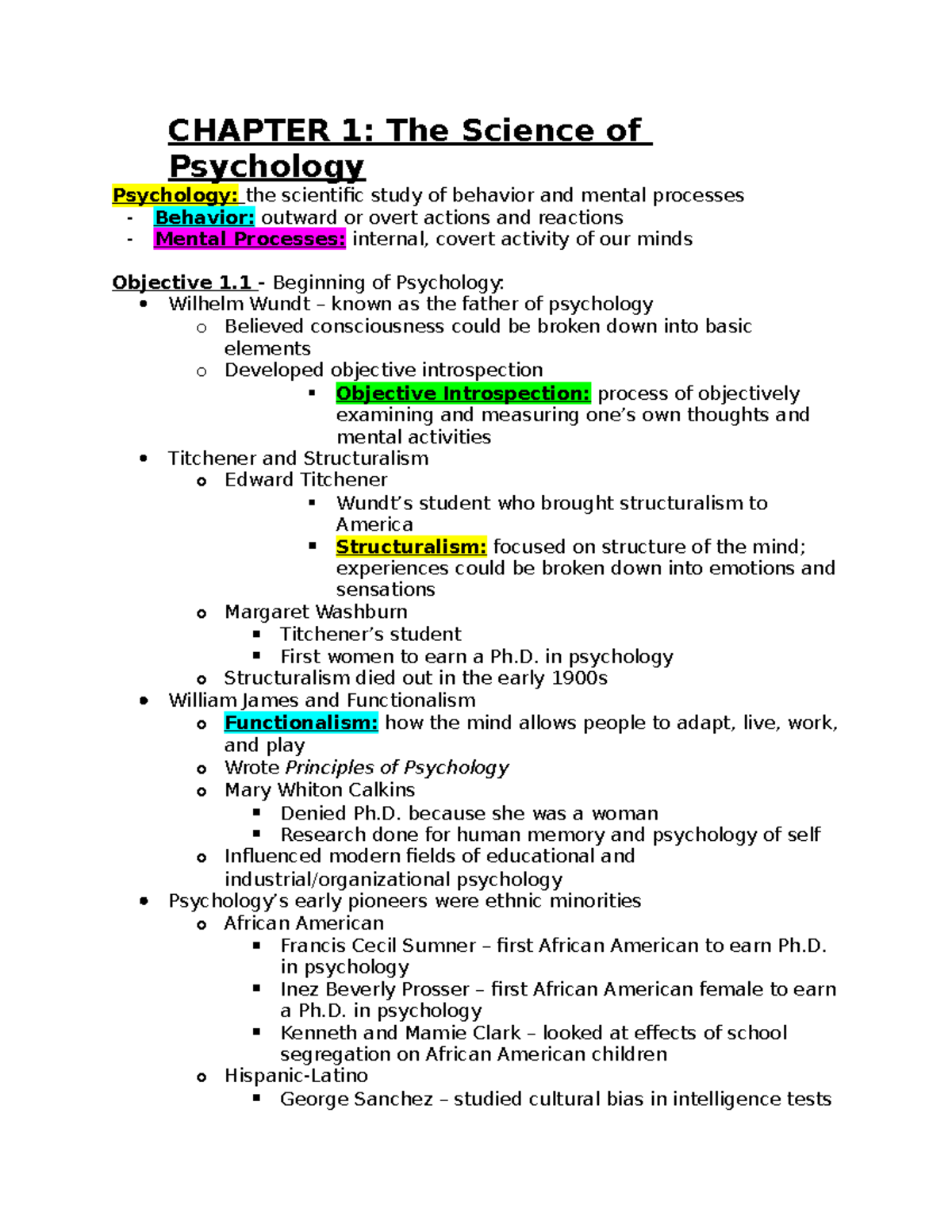 PSY 150 Notes - Dr. Hooker - CHAPTER 1: The Science of Psychology ...