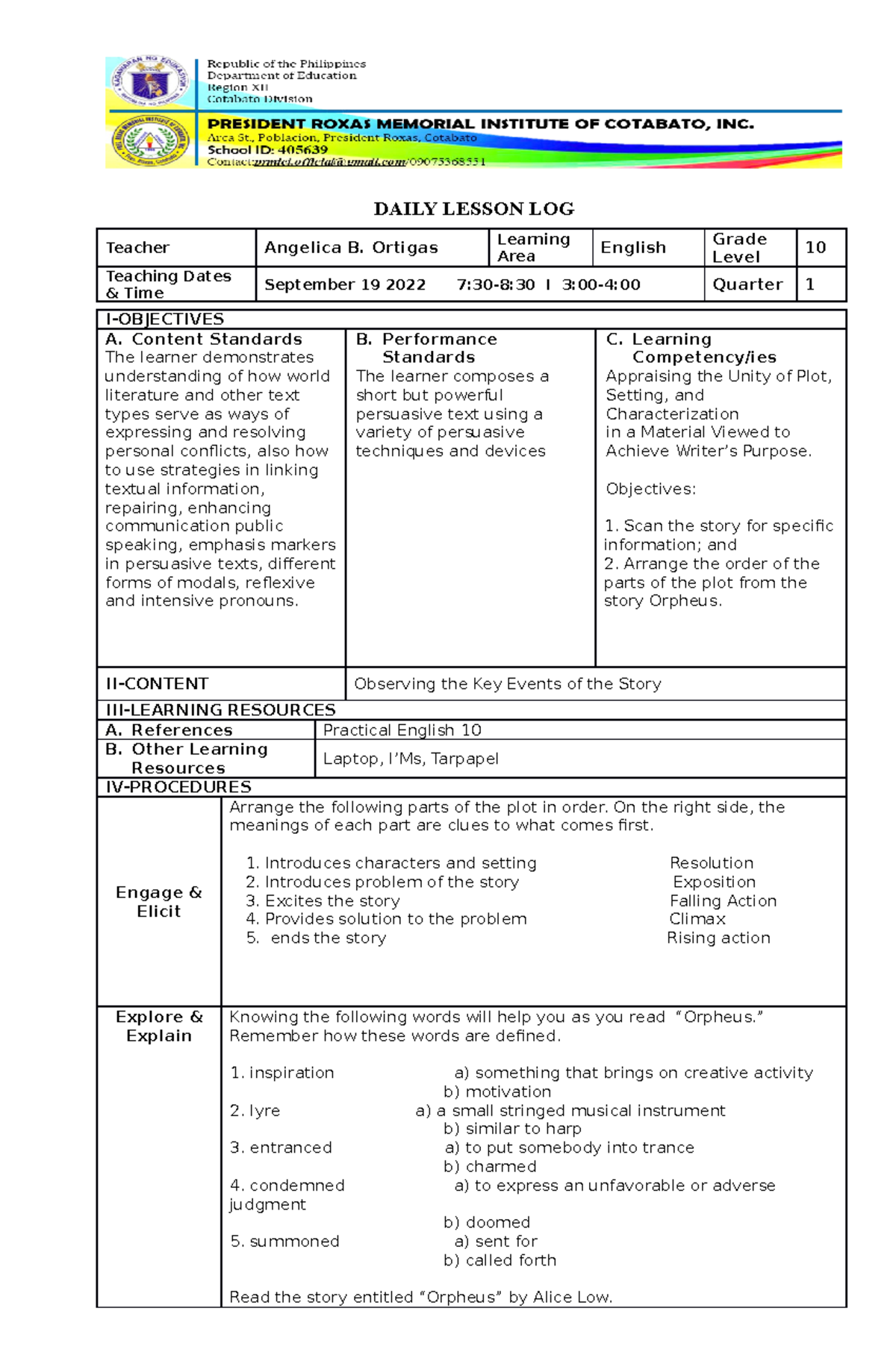 DLL English PLOT 1 - This is useful - DAILY LESSON LOG Teacher Angelica ...