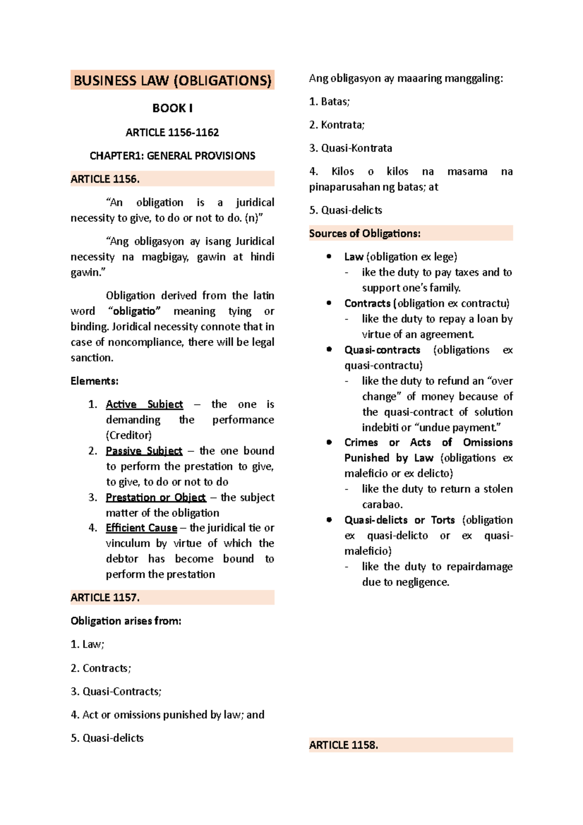 Business Law - BUSINESS LAW (OBLIGATIONS) BOOK I ARTICLE 1156- CHAPTER1 ...