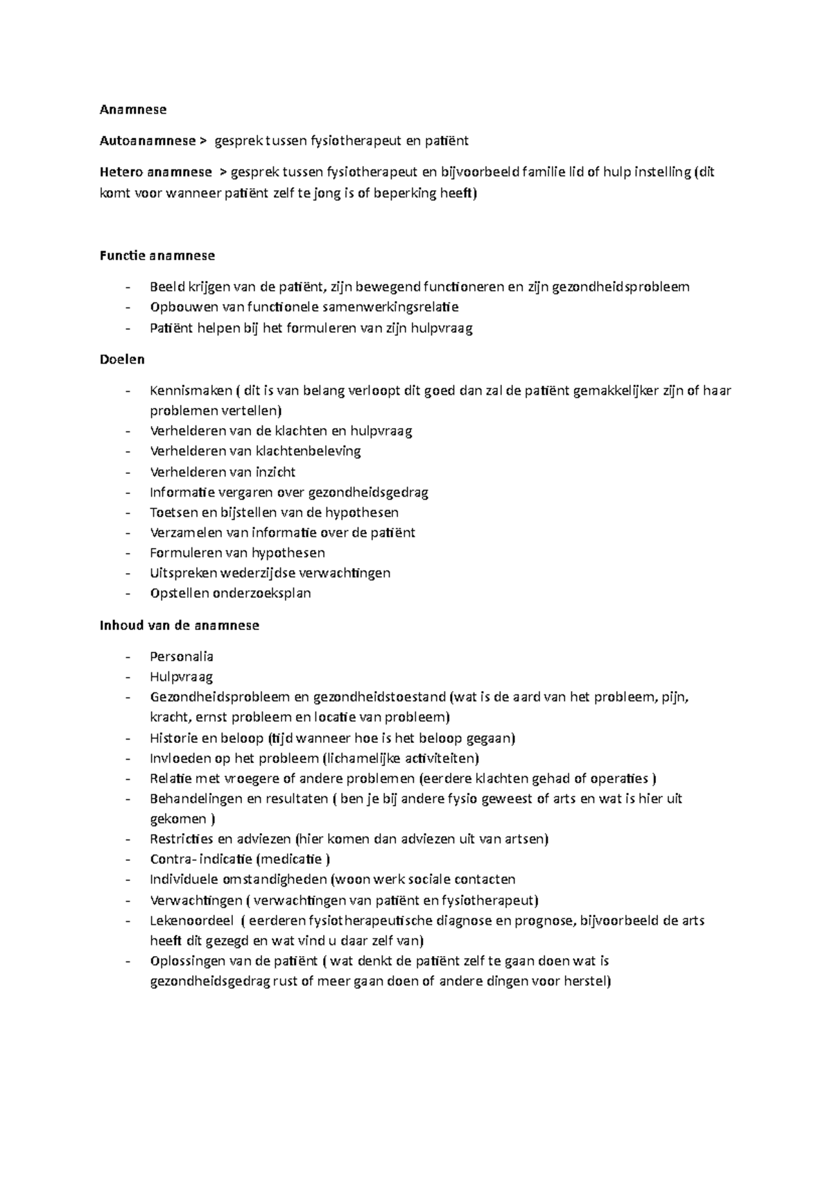 Anamnese - Anamnese Autoanamnese > gesprek tussen fysiotherapeut en ...