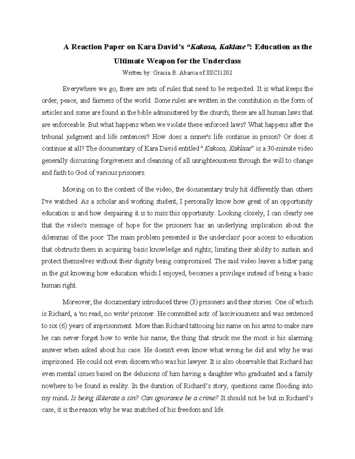 Document ethics - usefulll - A Reaction Paper on Kara David’s “Kakosa ...