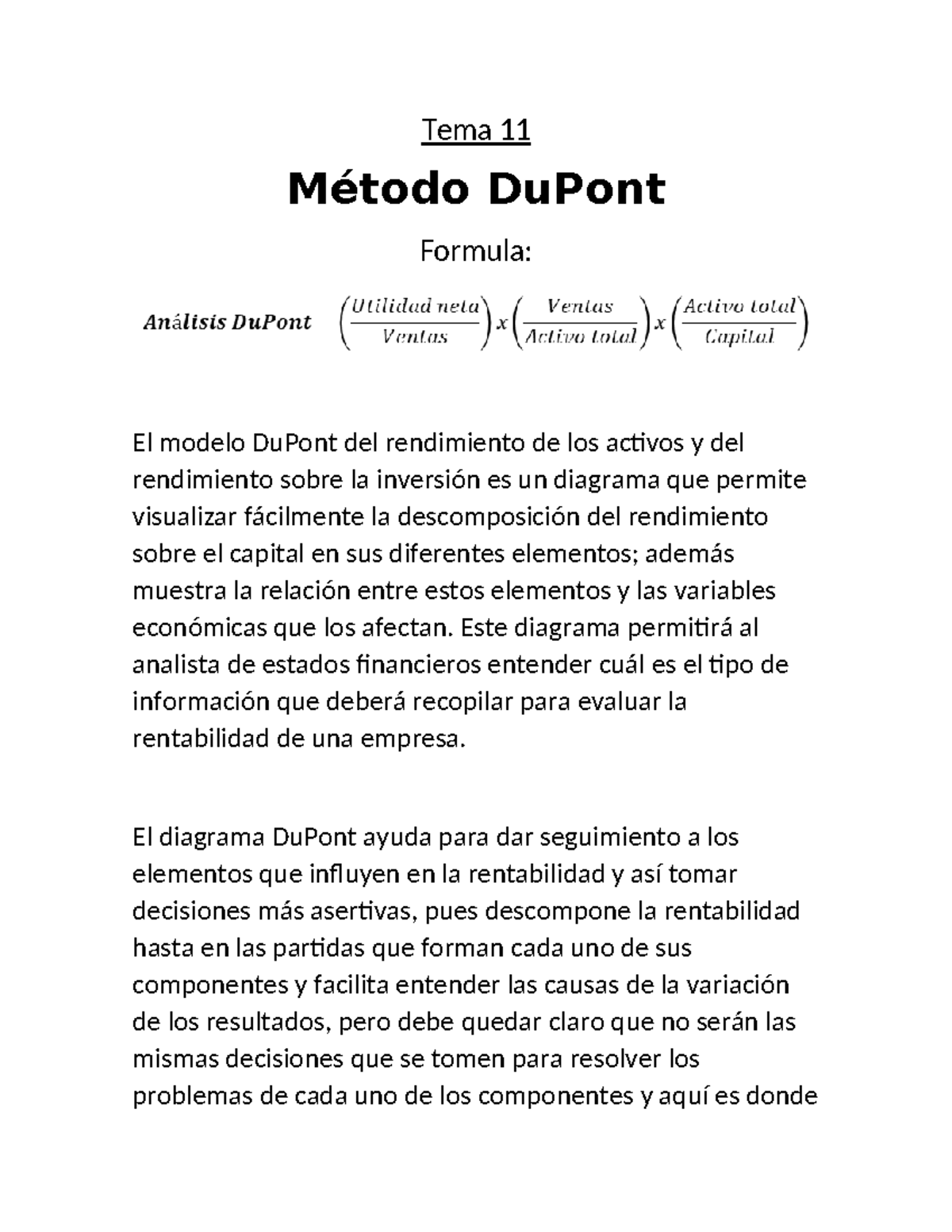 Metodo dupont 11 stu - Tema 11 Método DuPont Formula: El modelo DuPont del rendimiento de los ...