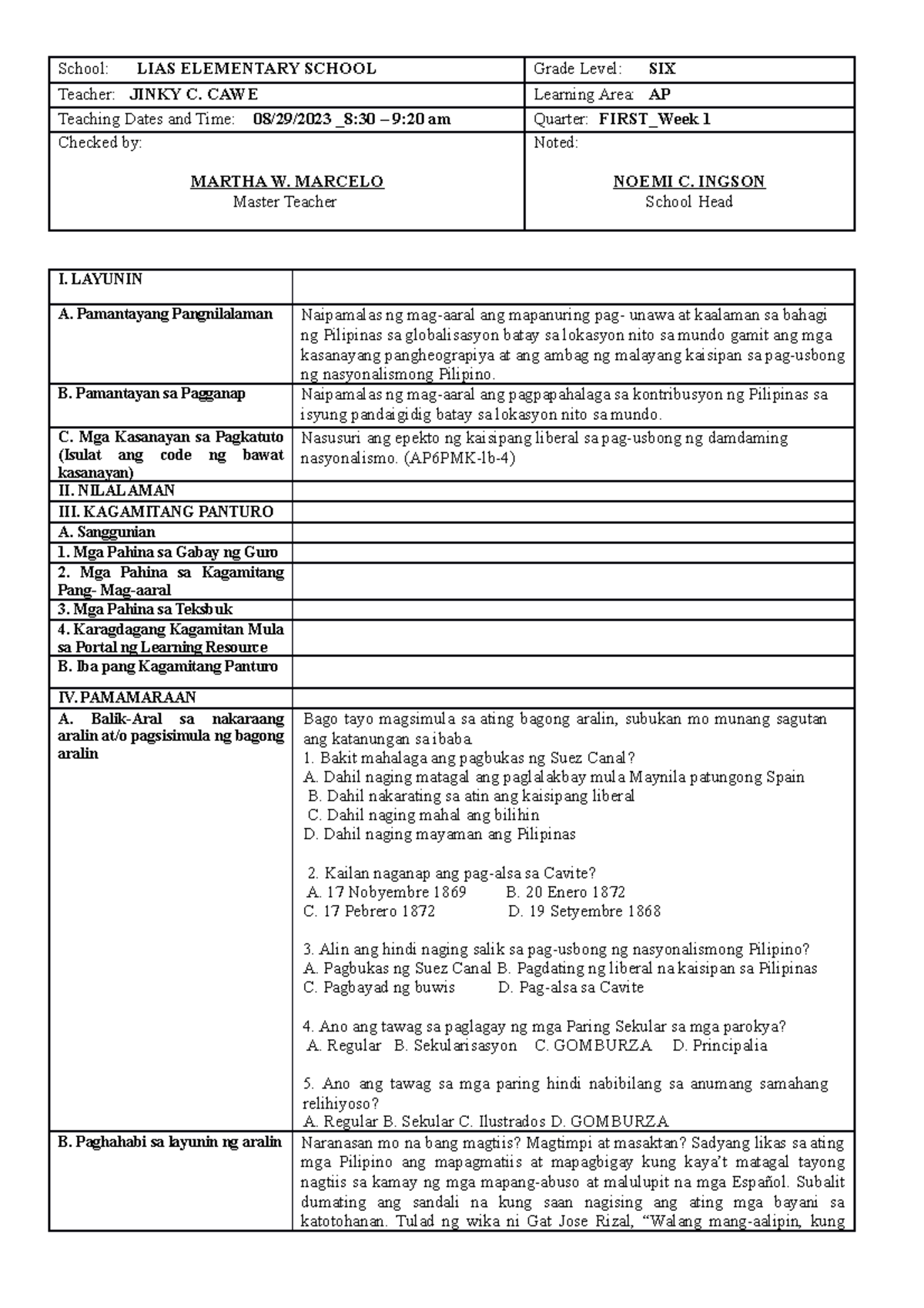 Lesson PLAN AP Q1 week 1 Day 1 - School: LIAS ELEMENTARY SCHOOL Grade ...