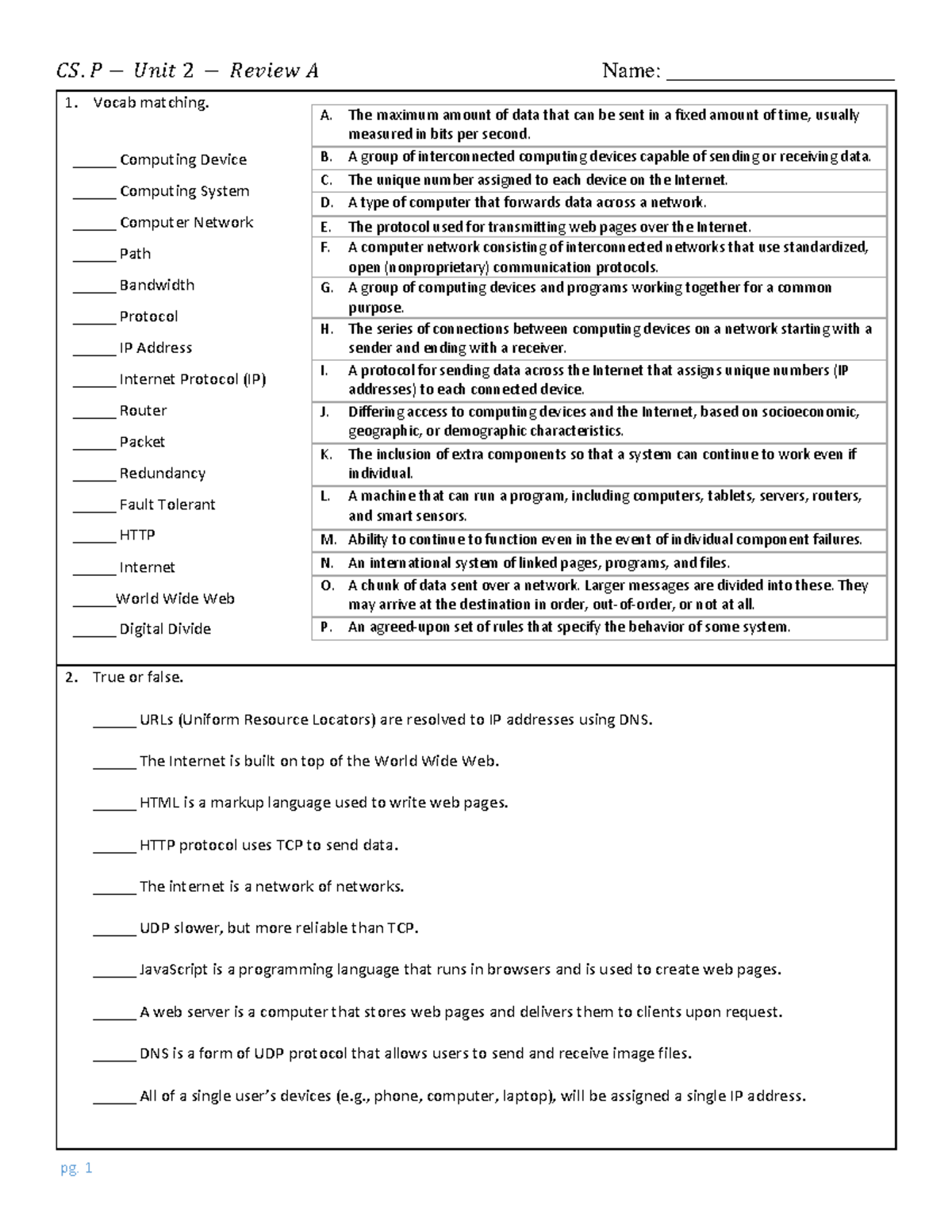 Unit 2 - Review A - adadadad - 𝐶𝑆. 𝑃 − 𝑈𝑛𝑖𝑡 2 − 𝑅𝑒𝑣𝑖𝑒𝑤 𝐴 Name ...