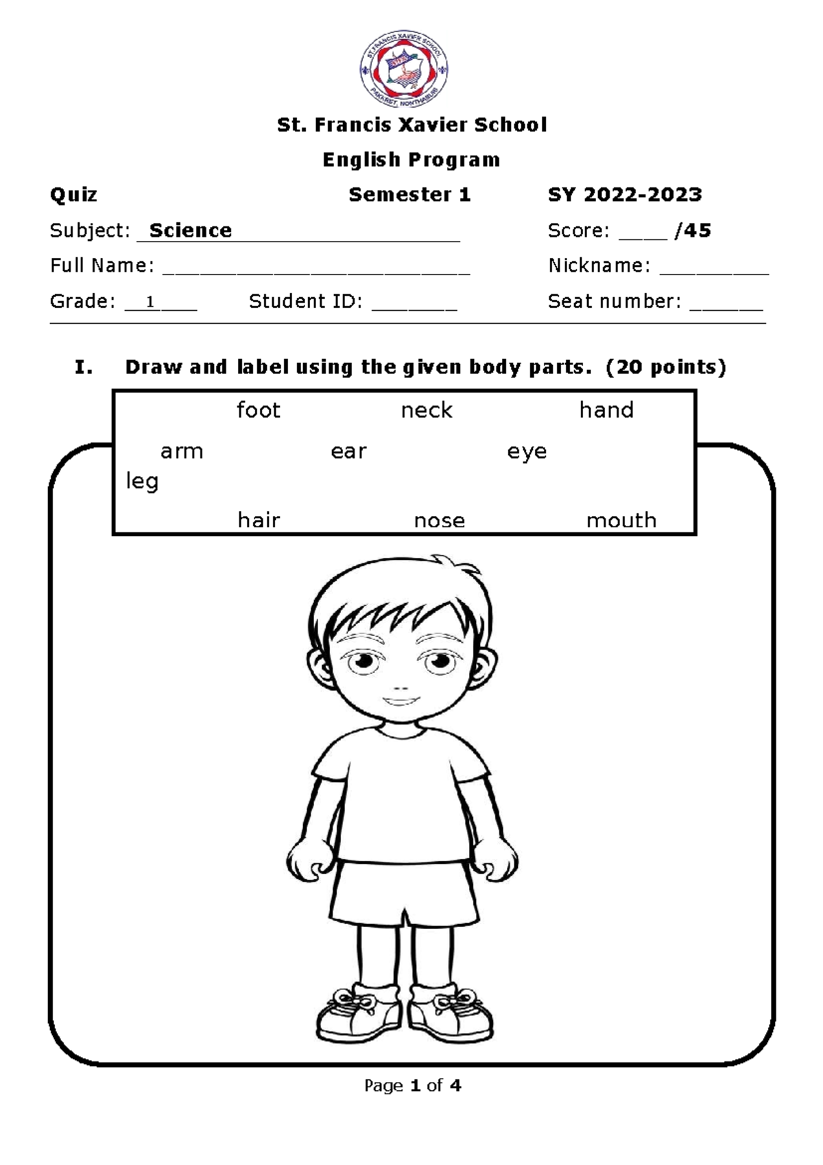 Quiz- our body - 1st Grade - St. Francis Xavier School English Program ...