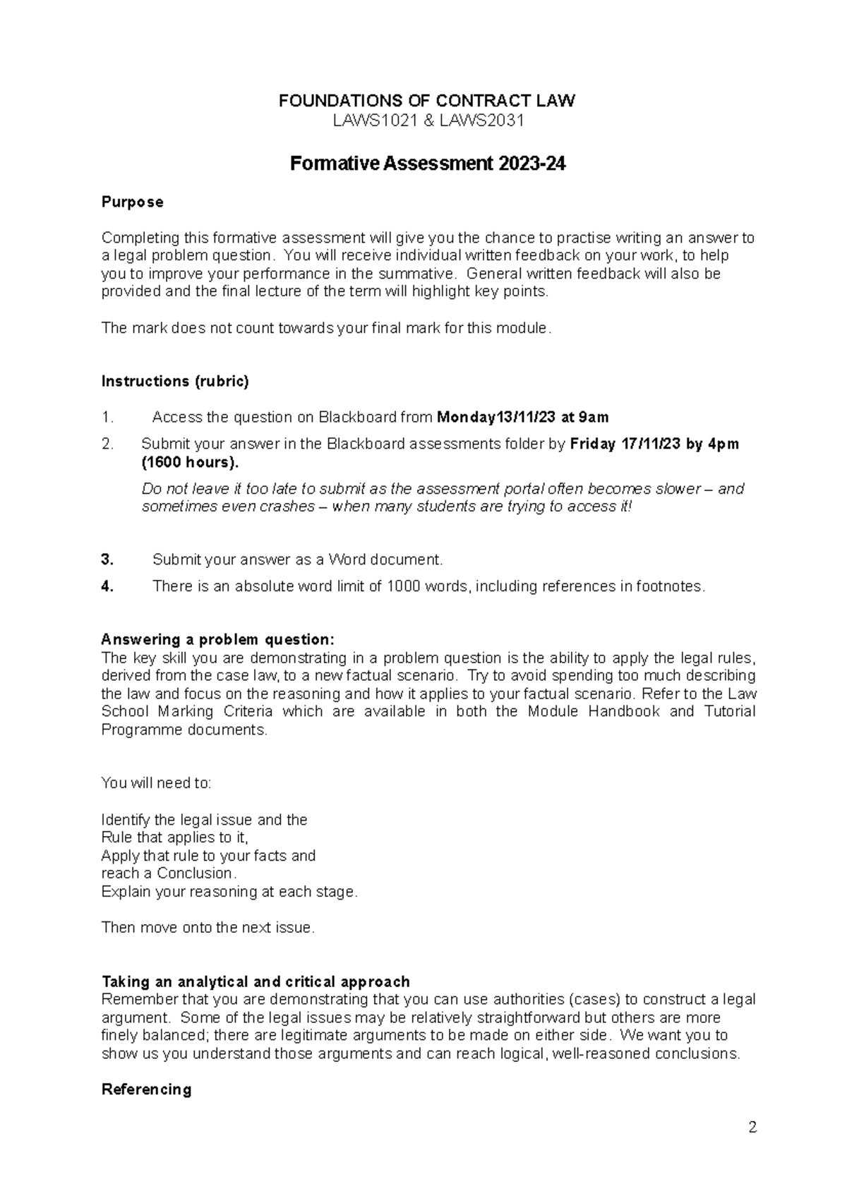 Contract formative exam instructions 2023-24 - FOUNDATIONS OF CONTRACT LAW LAWS1021 & LAWS - Studocu