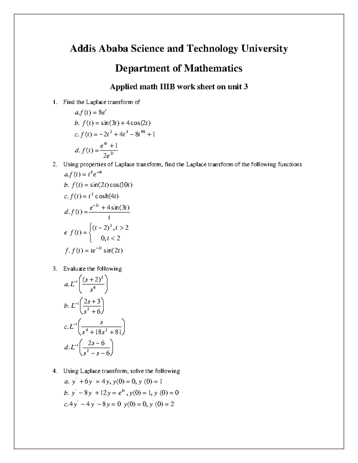 Work sheet Chapter 3 - assignment - Addis Ababa Science and Technology University Department of ...