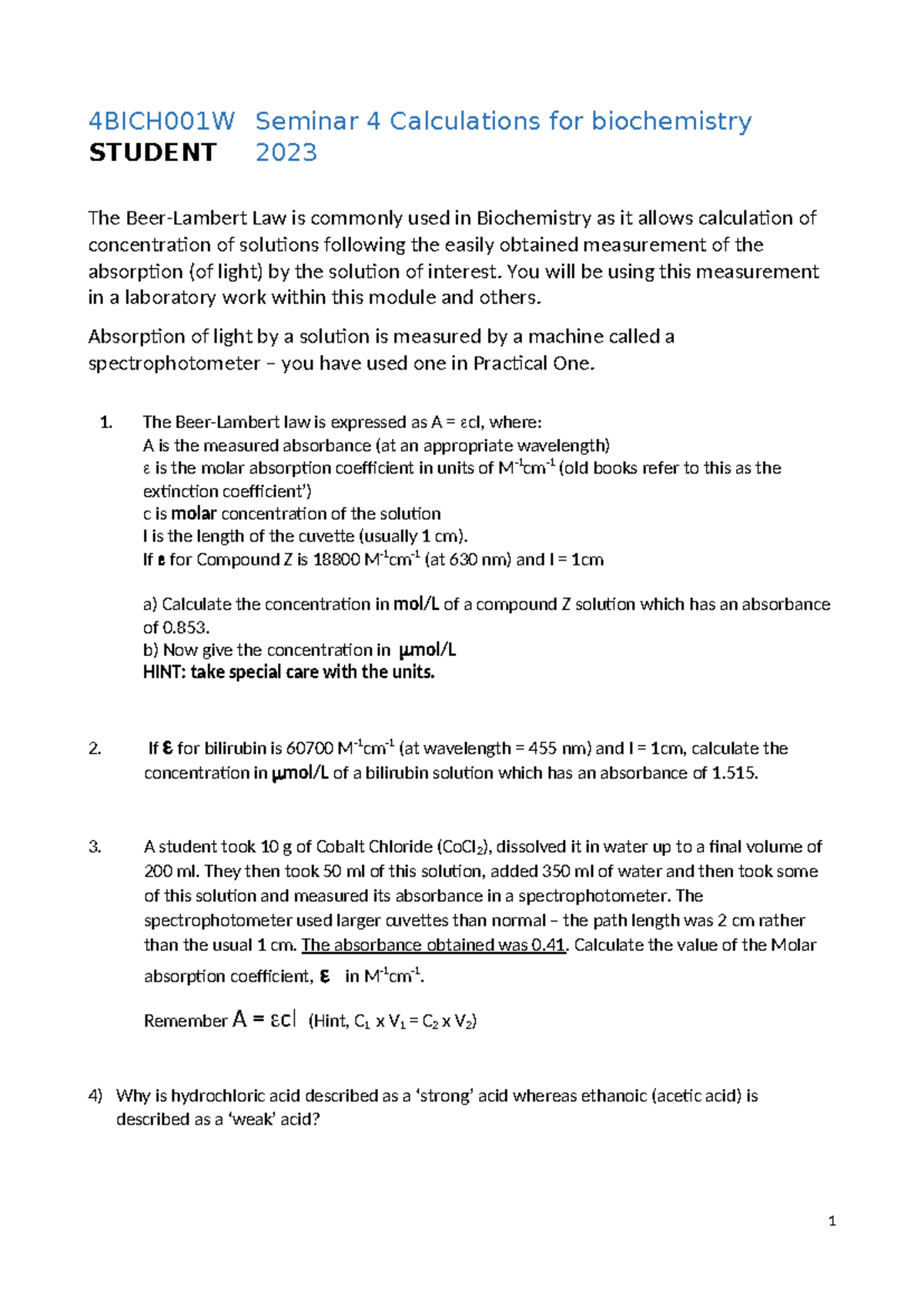 4 BICH001WSeminar 5 calc Student - 4BICH001W Seminar 4 Calculations for ...