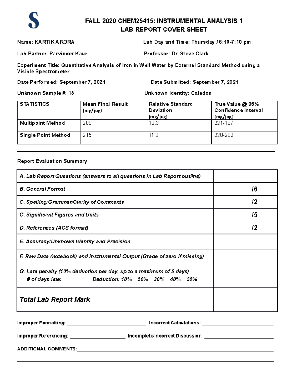 CHEM25415 F20 Lab Report Cover Sheet - FALL 2020 CHEM25415 ...