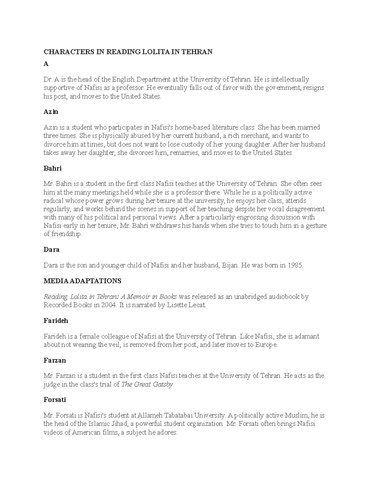 Characters IN Reading Lolita IN Tehran - CHARACTERS IN READING LOLITA ...