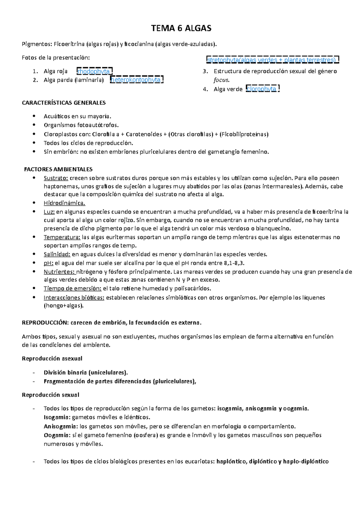 Tema 6 botánica - Apuntes de botánica del tema 6 (ALGAS) - TEMA 6 ALGAS ...