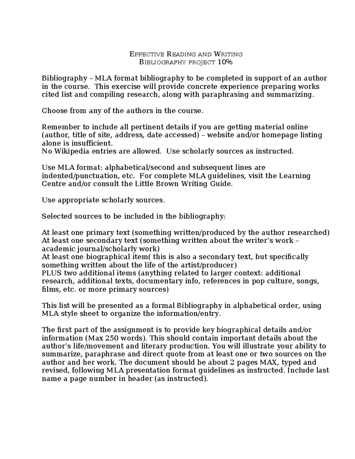 Bibliography Project Instructions - EFFECTIVE READING AND WRITING ...