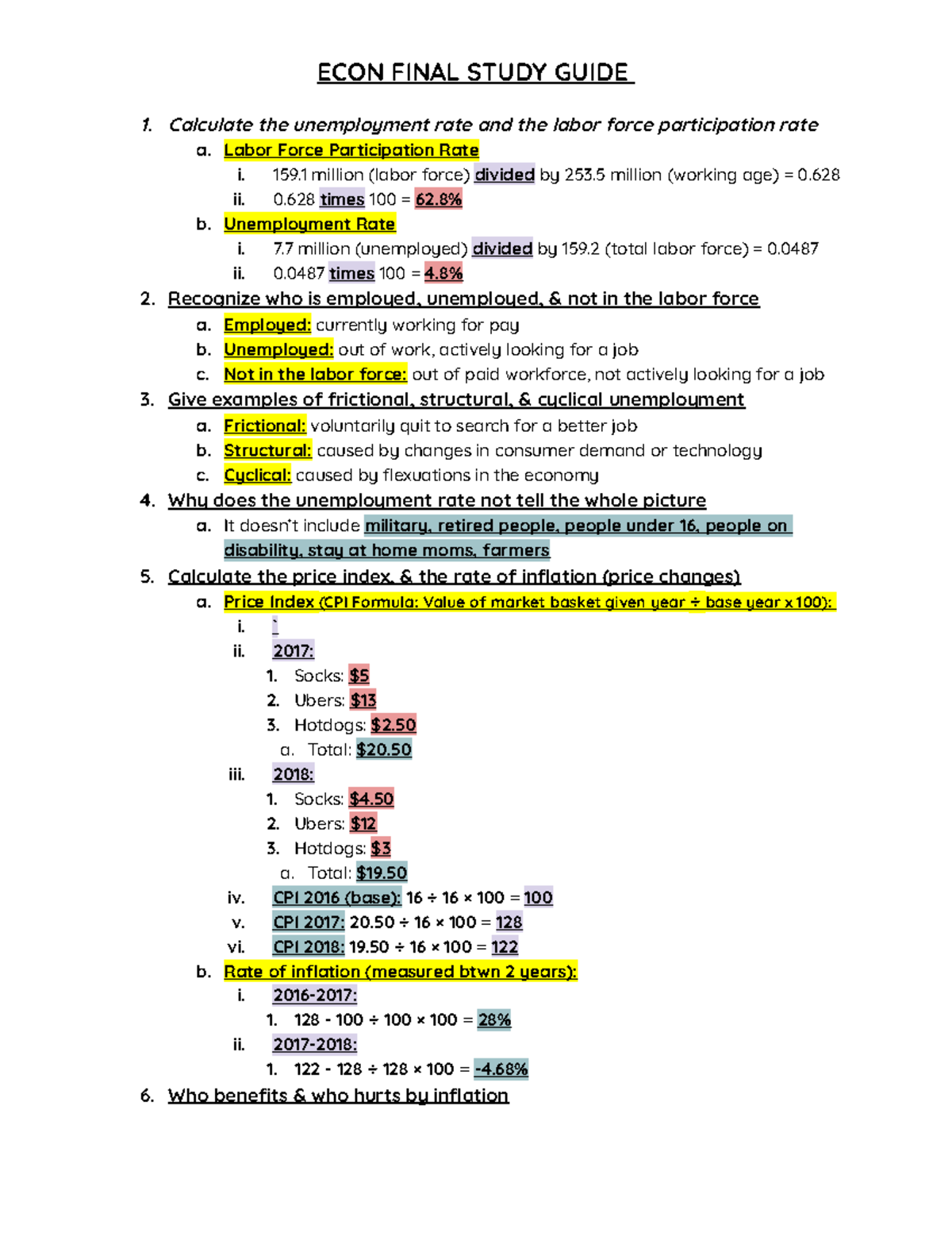 ECON Final Study Guide - ECON FINAL STUDY GUIDE 1. Calculate the ...