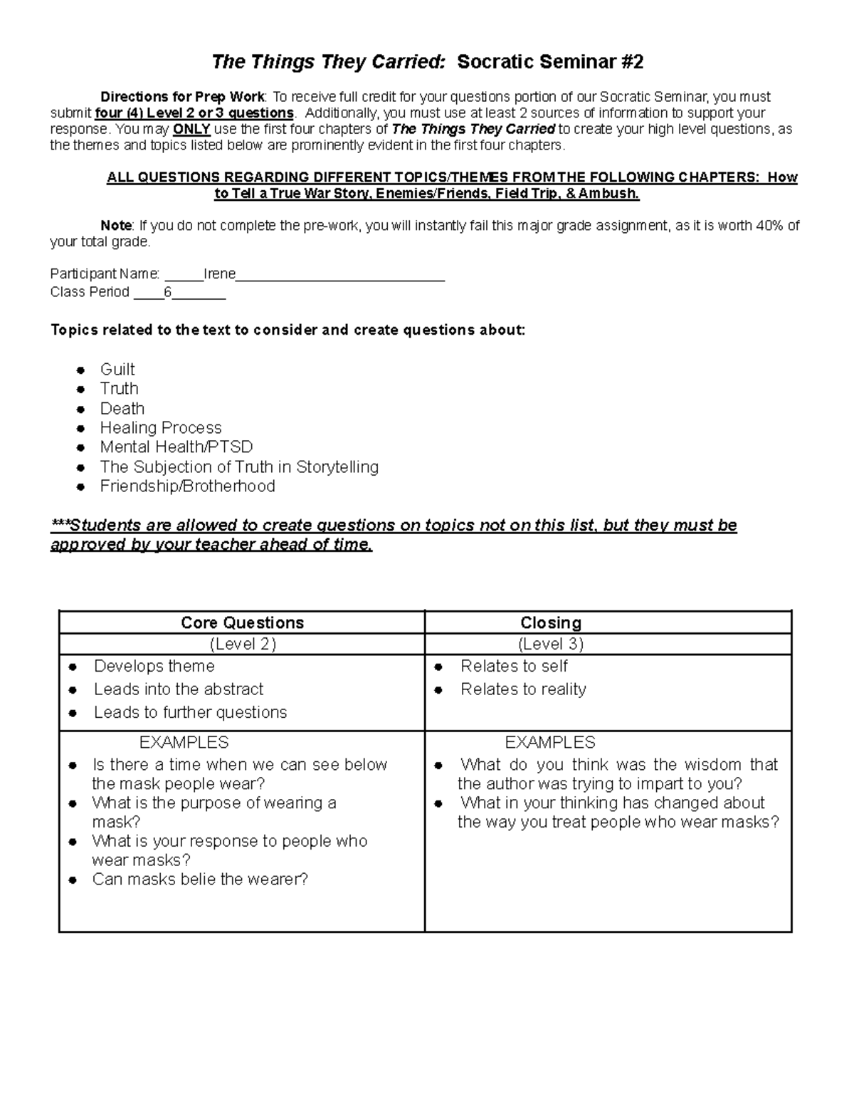 The Things They Carried Socratic Seminar Part 2 1 - The Things They ...