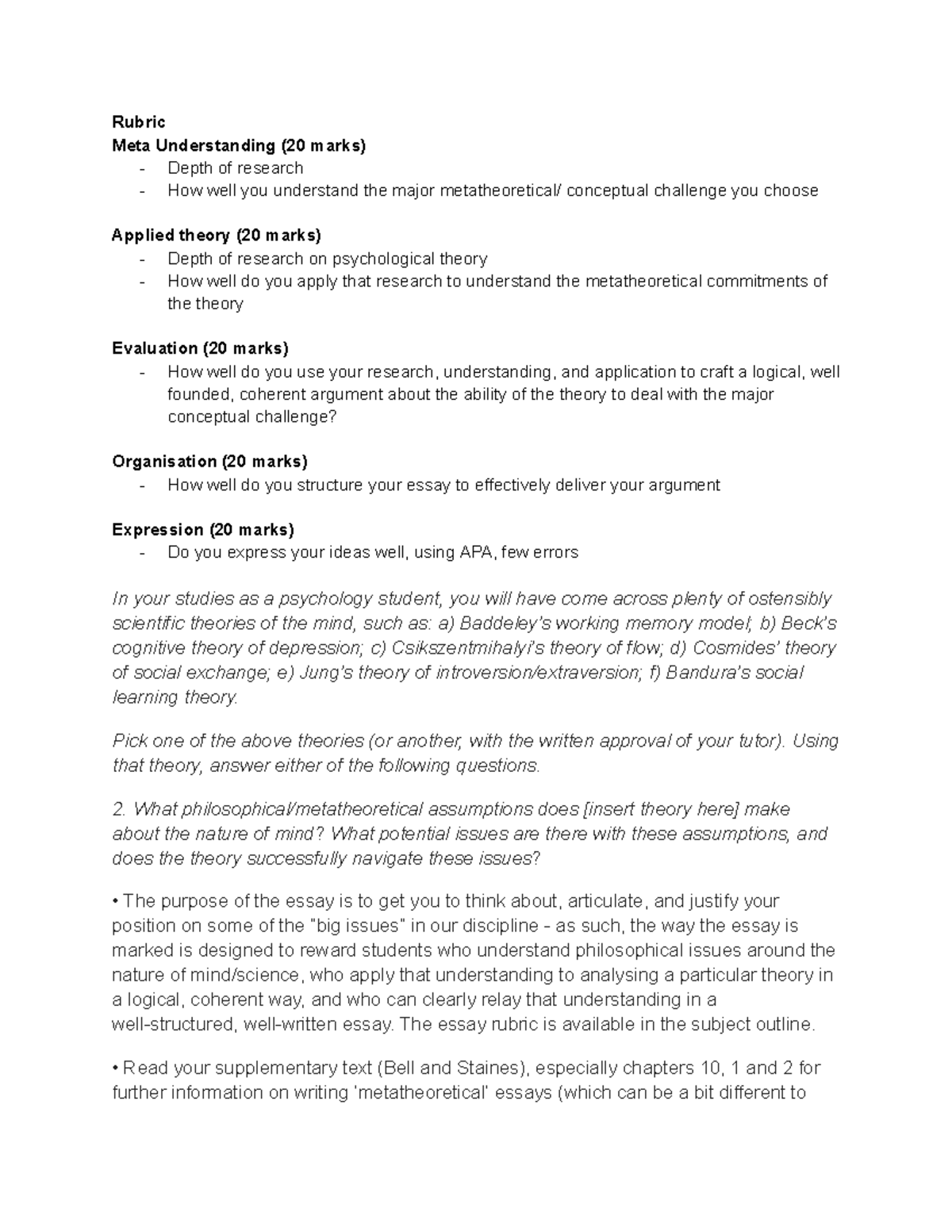 Essay Rubric Overview - Rubric Meta Understanding (20 marks) - Depth of research - How well you ...
