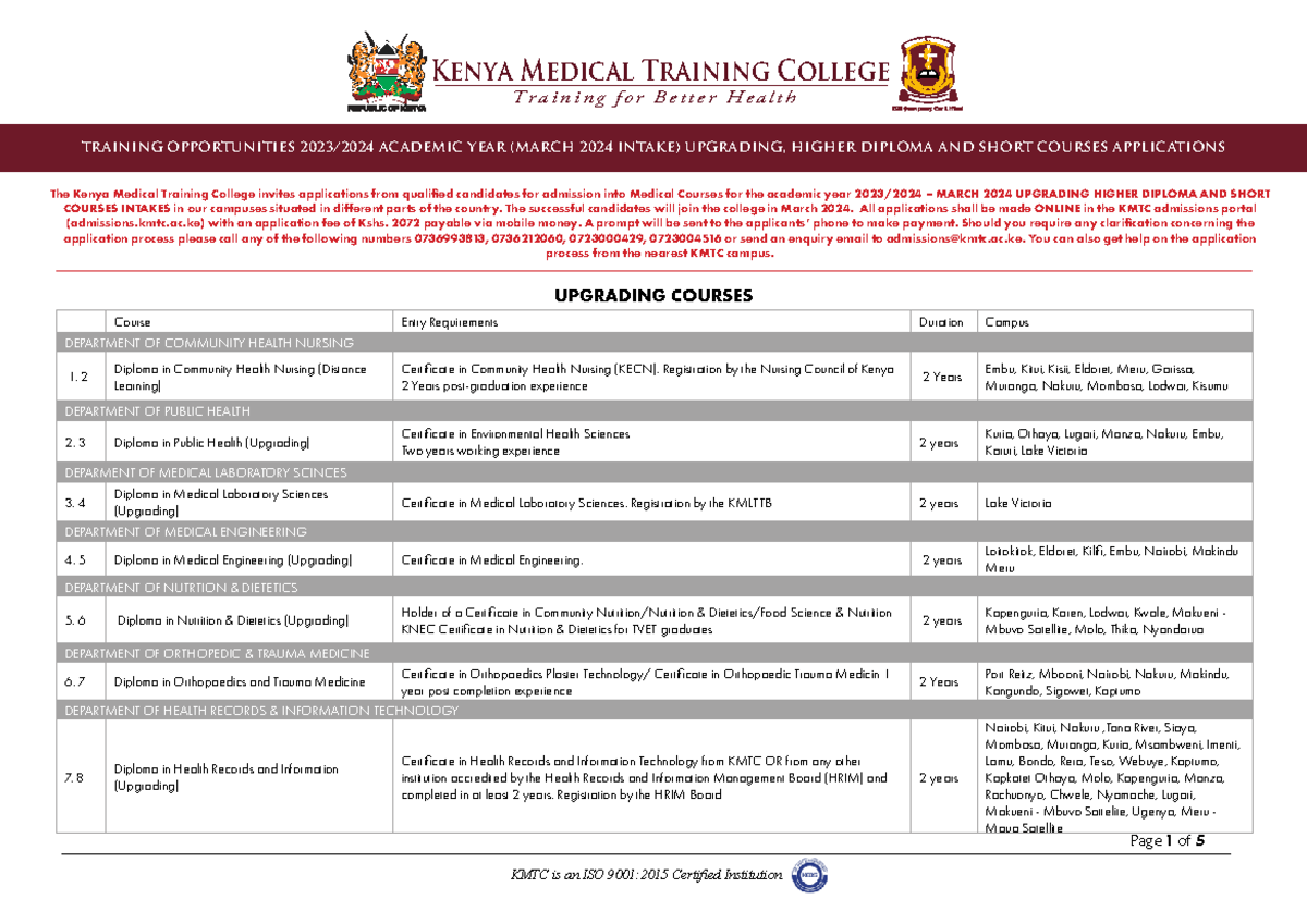 KMTC Upgrading Higher Diploma AND Short Courses Training Opportunities ...