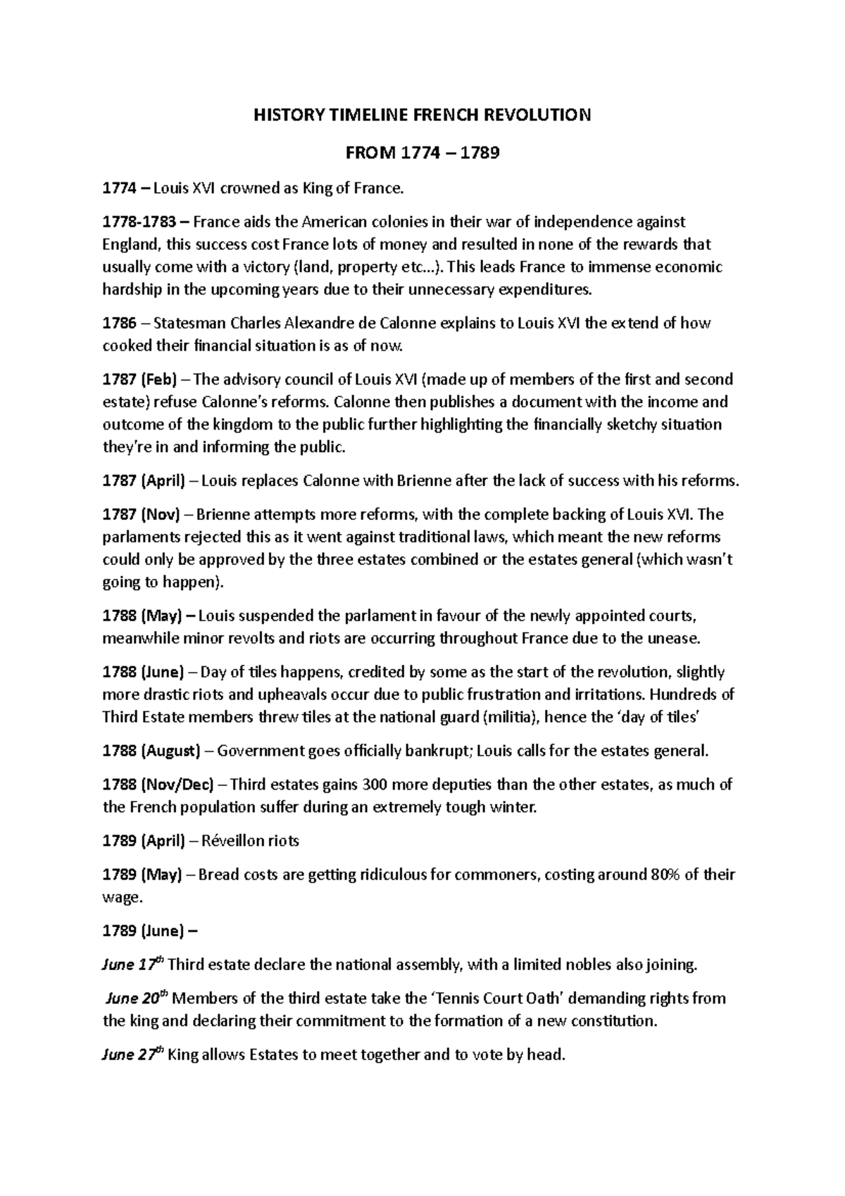 French Revolution Timeline - Studocu
