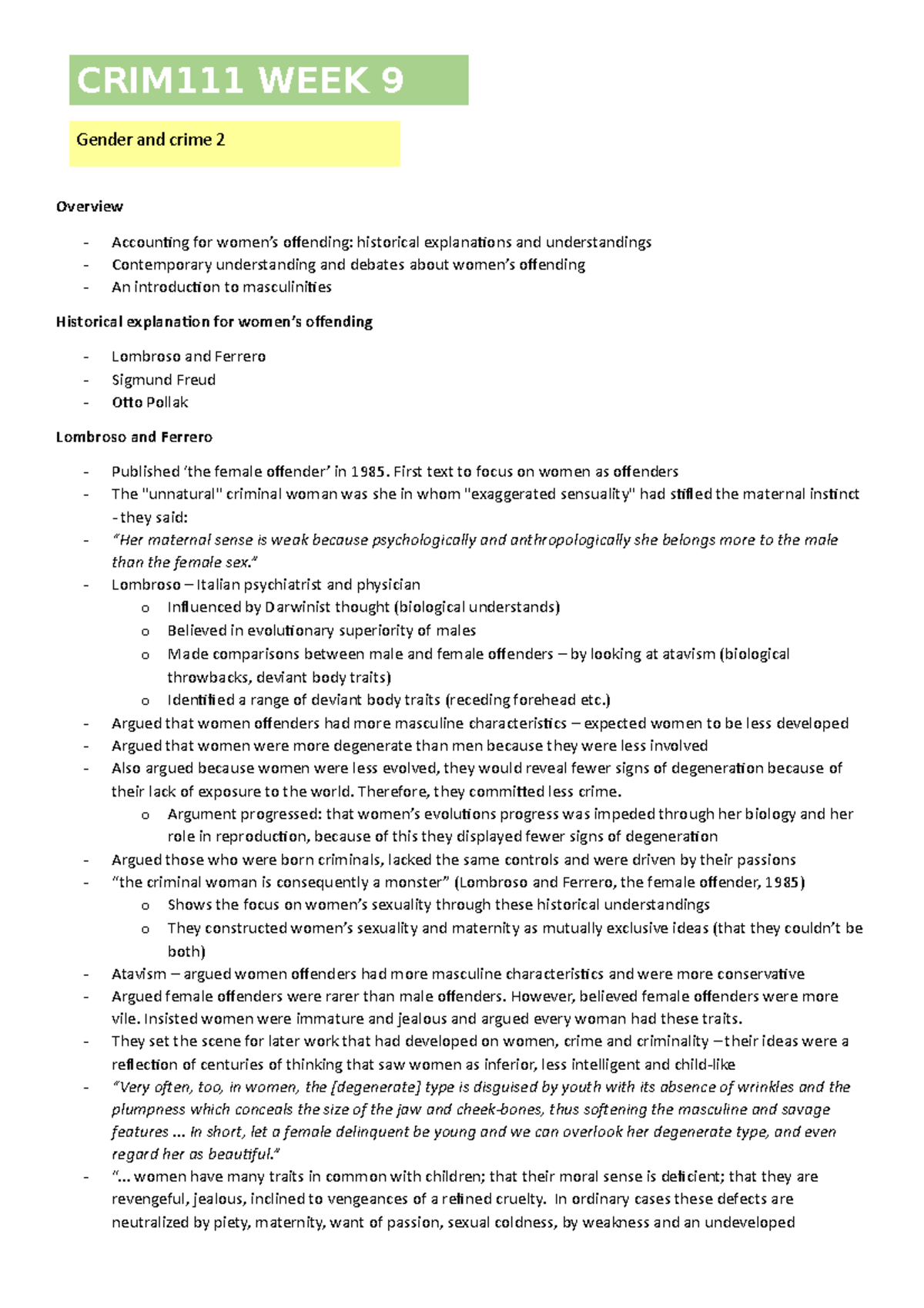 Week 9 - week 9 lecture notes - Overview Accounting for women’s ...