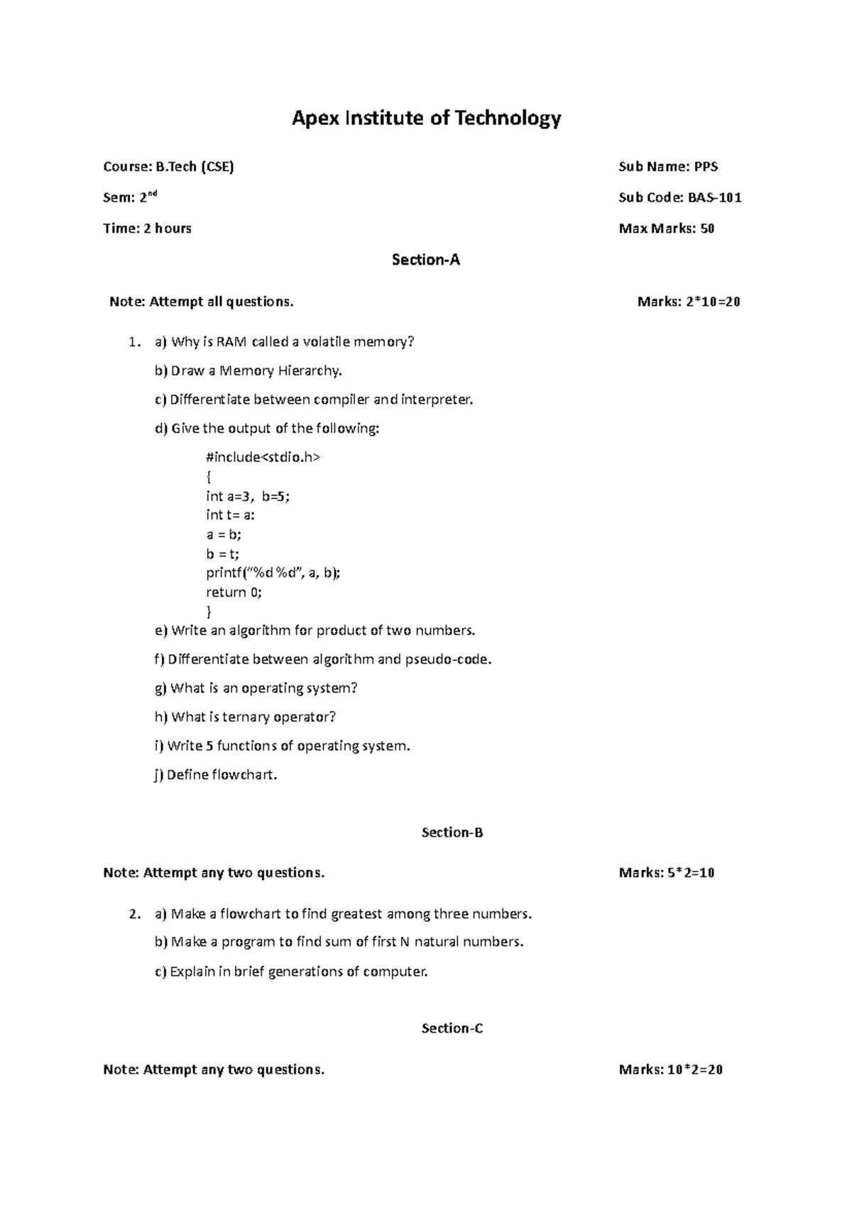 PPS - Apex Institute of Technology Course: B (CSE) Sub Name: PPS Sem: 2nd Sub Code: BAS- Time: 2 ...