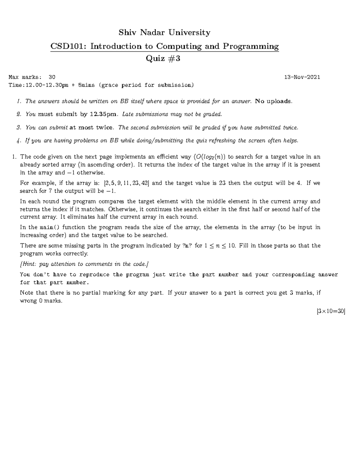 Quiz3 - Quiz 3 - Intro to Computing and Programing - Studocu