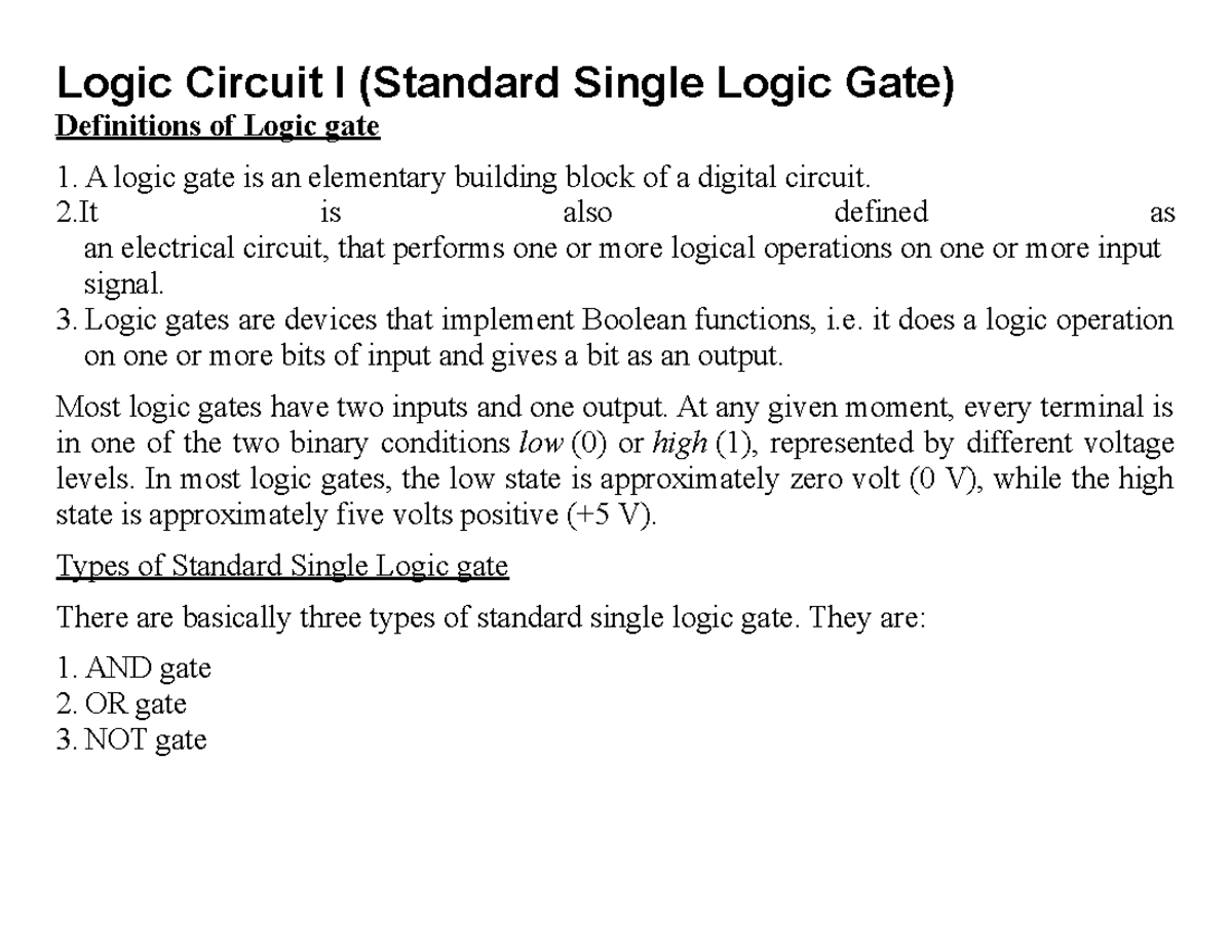 Logic Circuit I 2 Is Also Defined As An Electrical Circuit That