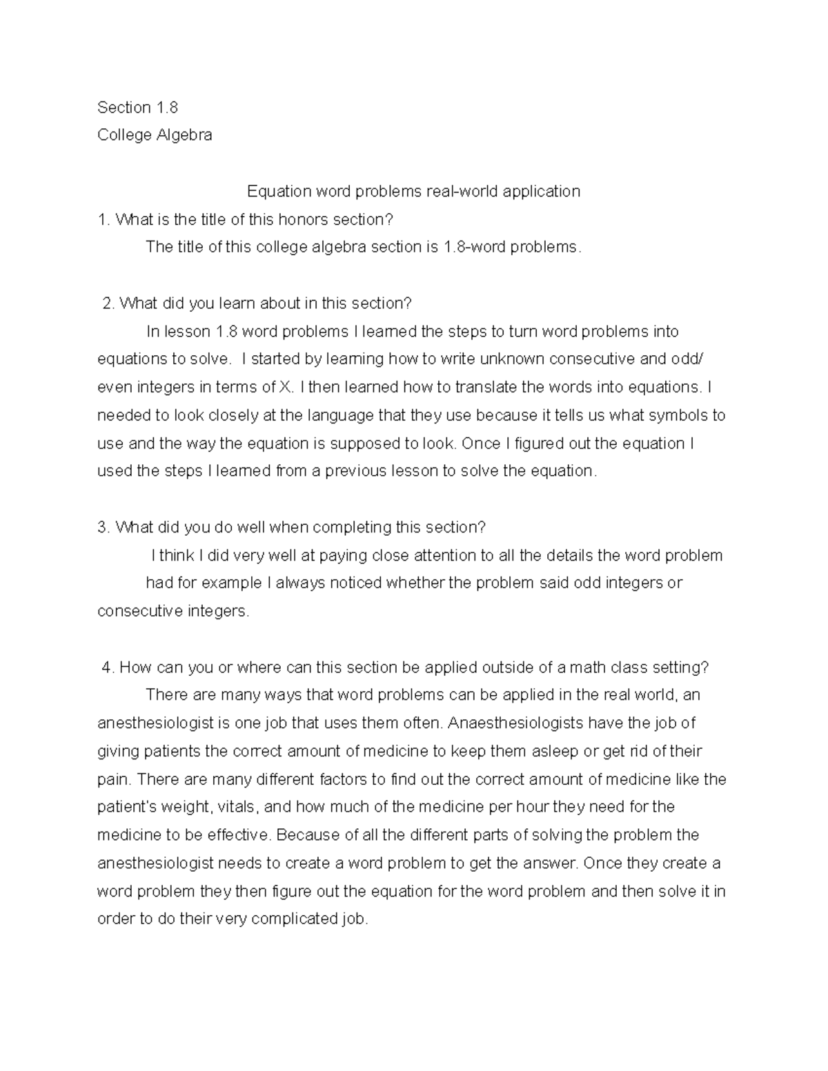 College Algebra Assignment 1 - Section 1. College Algebra Equation word ...