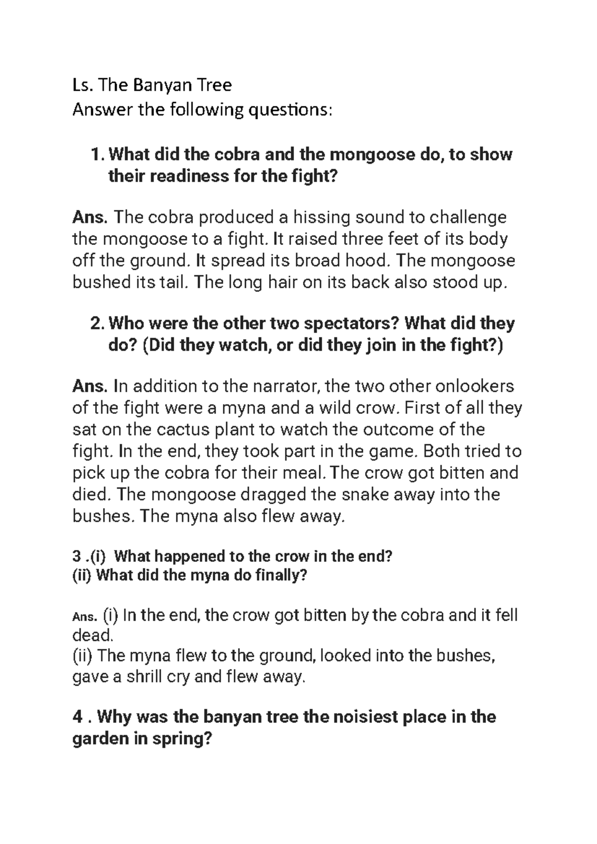 The Banyan Tree - Ls. The Banyan Tree Answer the following questions: 1 ...