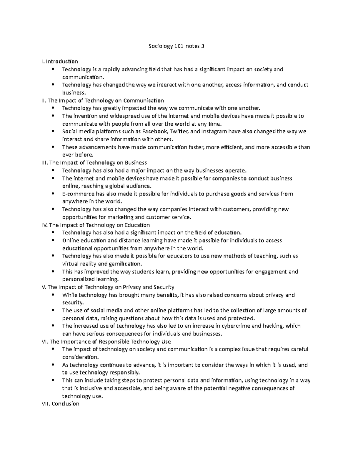 Sociology notes 3 - Sociology 101 notes 3 I. Introduction Technology is ...